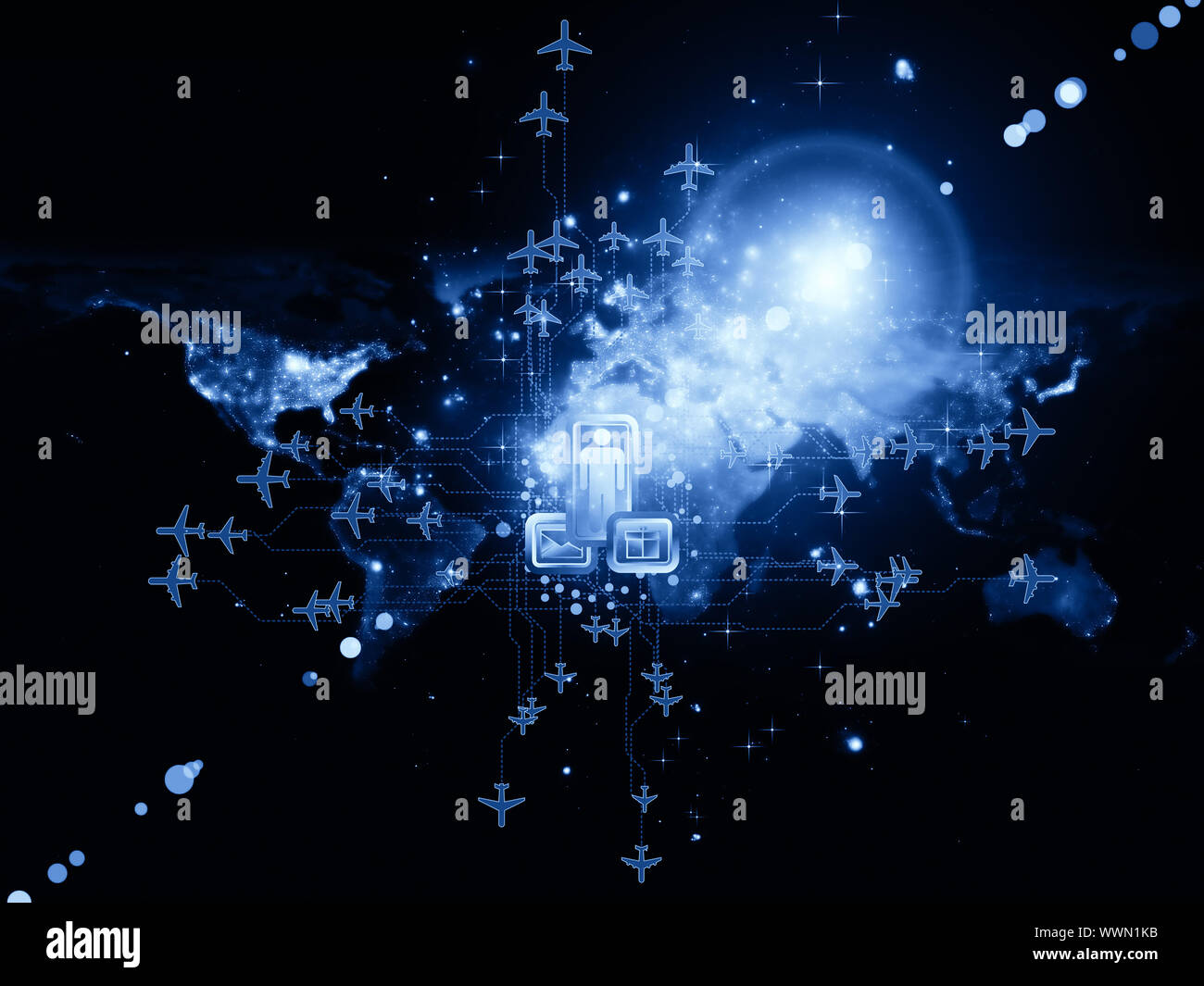 Rendering of city light map (courtesy of NASA), abstract lights and ...