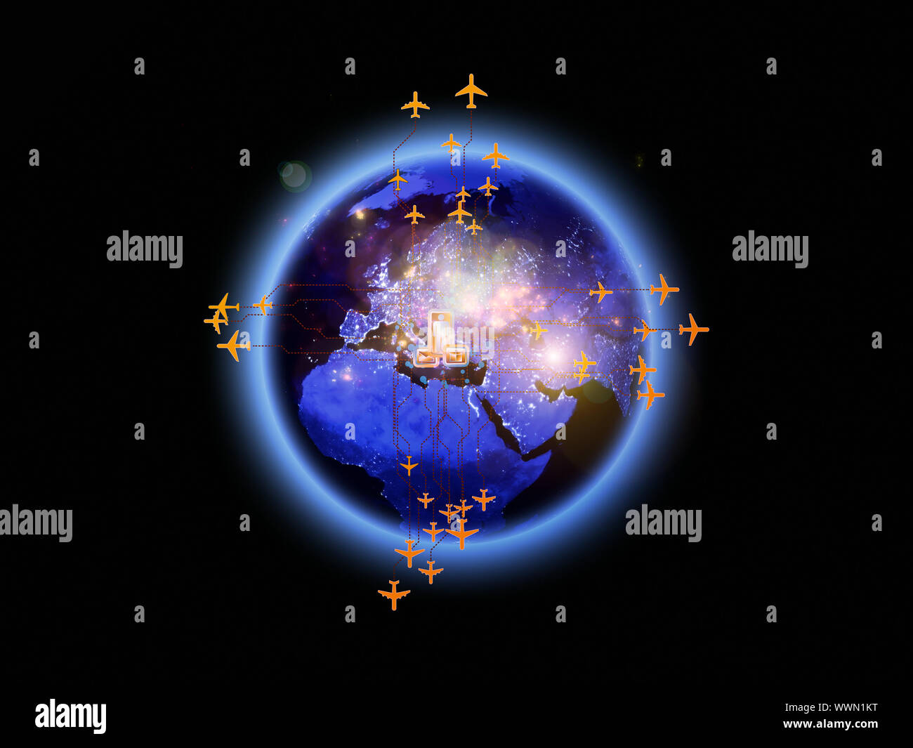 Rendering of city light map (courtesy of NASA), abstract lights and ...
