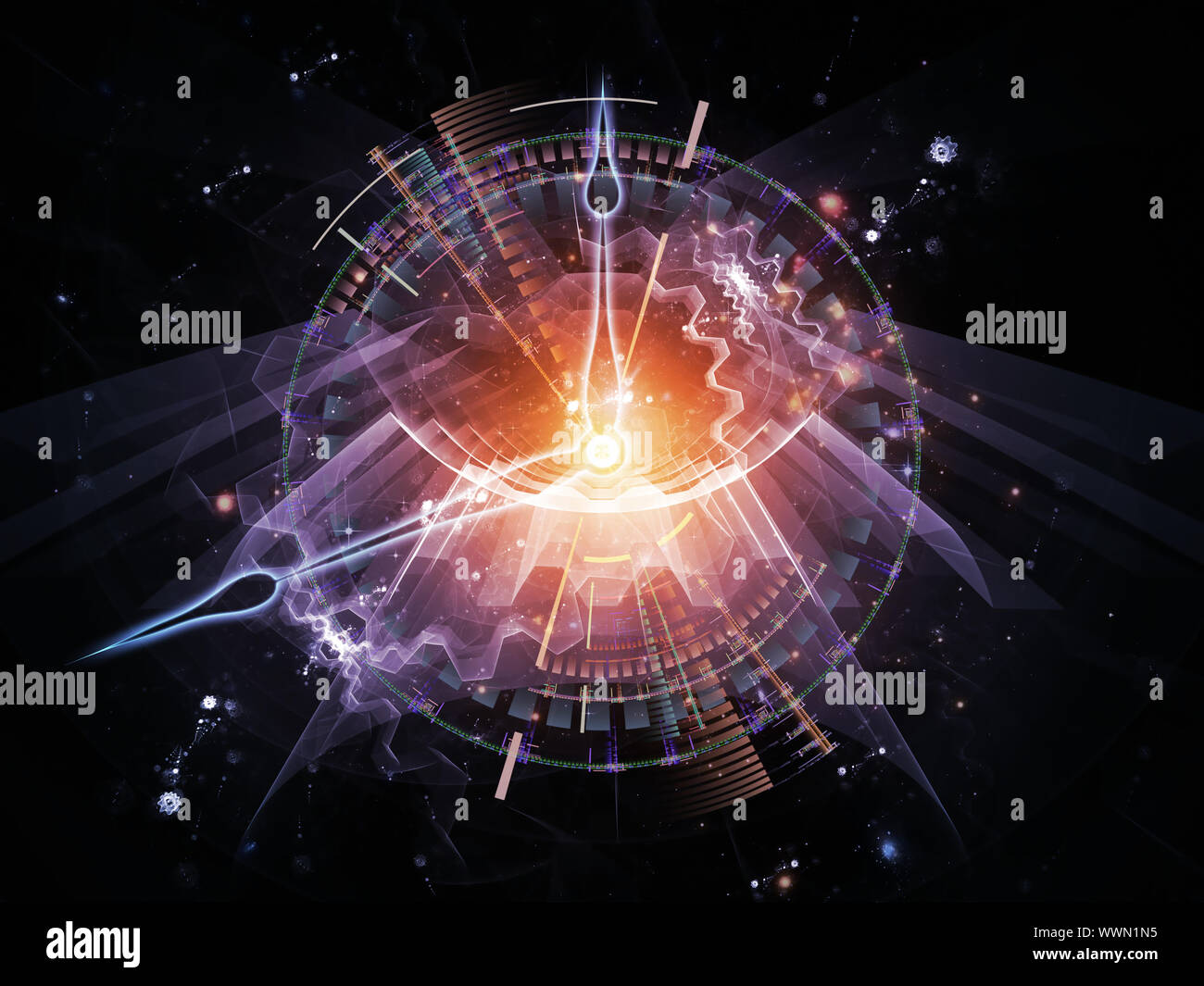 Backdrop composed of clock hands, gears, lights and abstract design ...