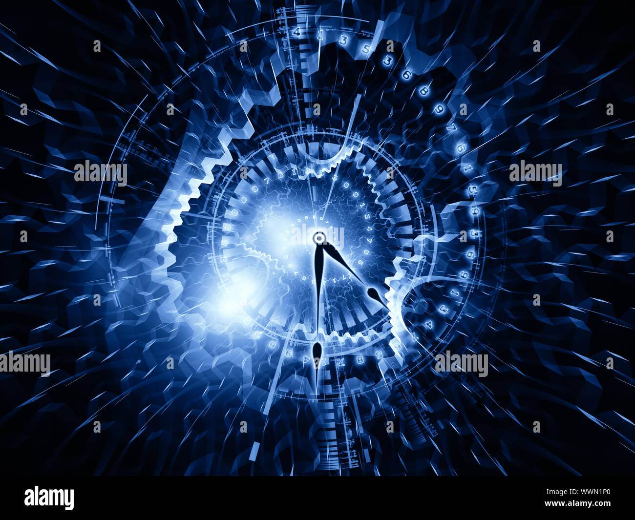 Composition of clock hands, gears, lights and numbers on the subject of ...