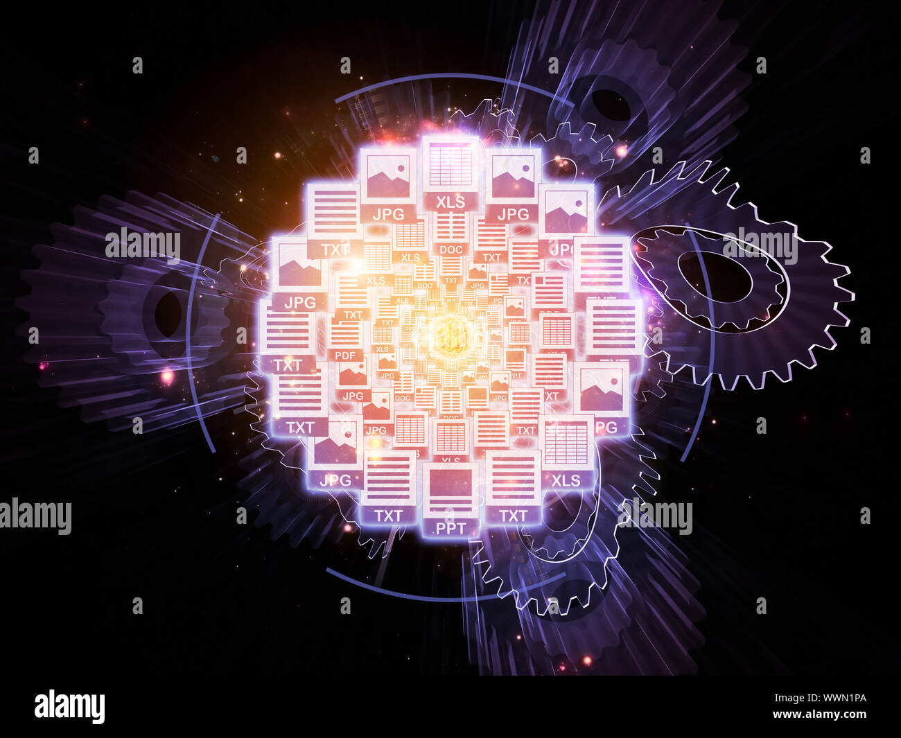 Design composed of document icons, lights and abstract design elements ...