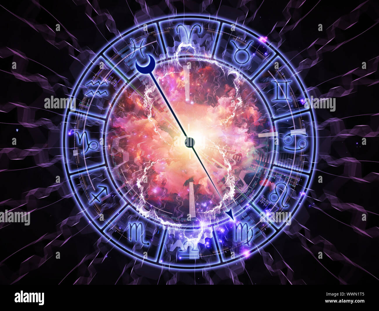 Arrangement of Zodiac symbols, gears, lights and abstract design ...