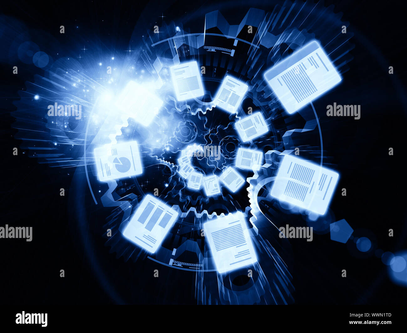 Design composed of document icons, lights and abstract design elements ...