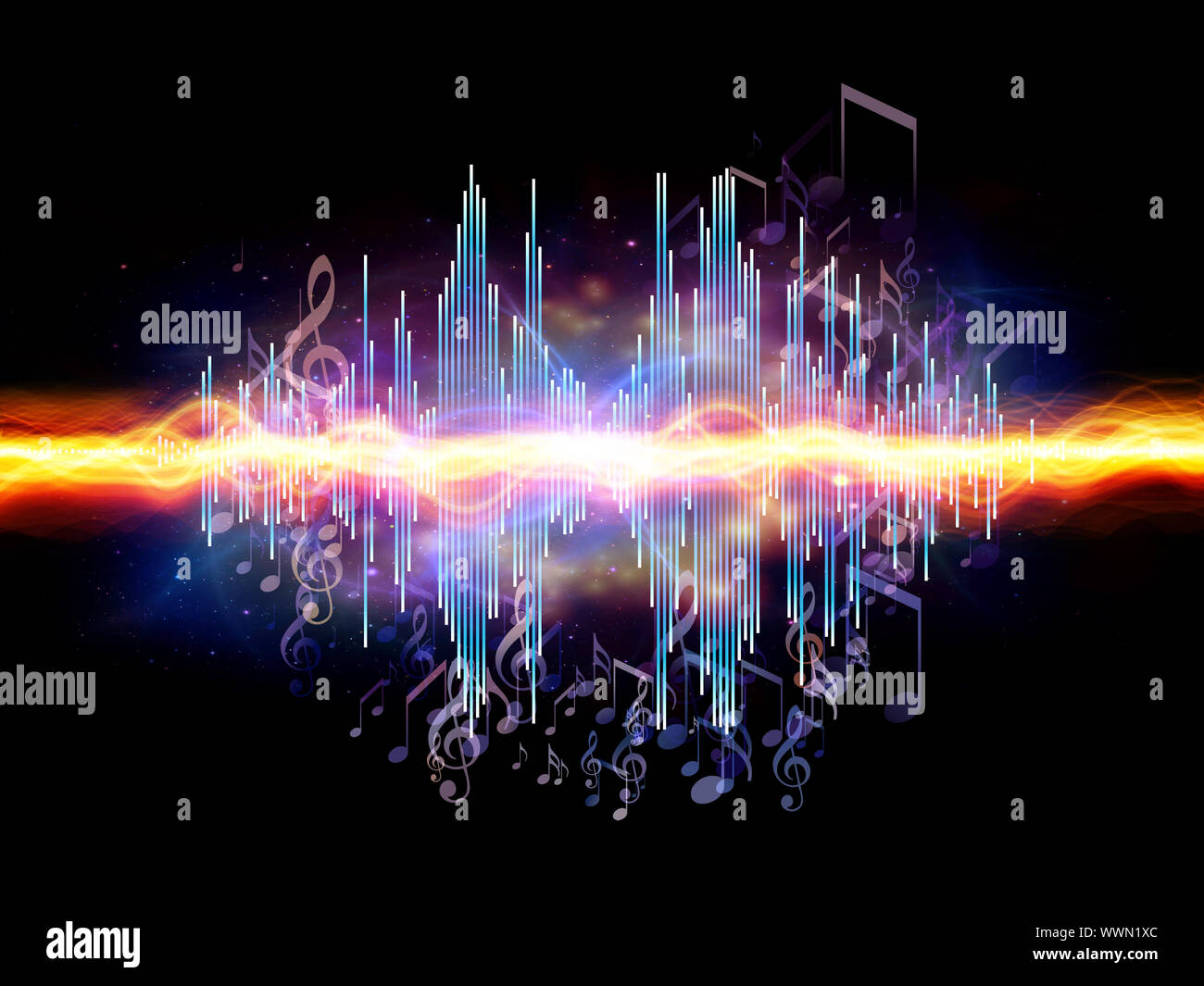 Interplay of graphic analyzer bars, music notes and abstract design ...