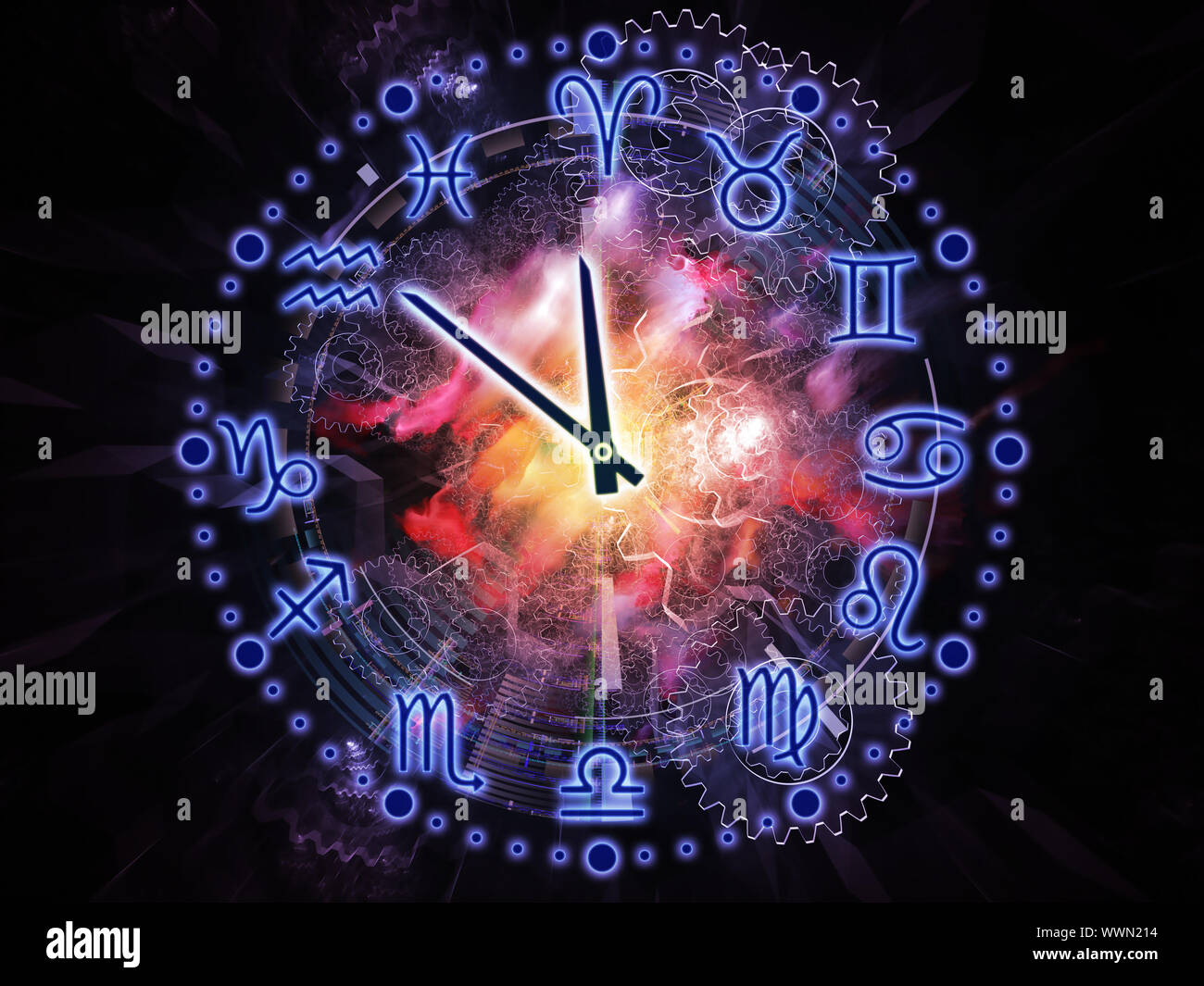 Arrangement of Zodiac symbols, gears, lights and abstract design ...