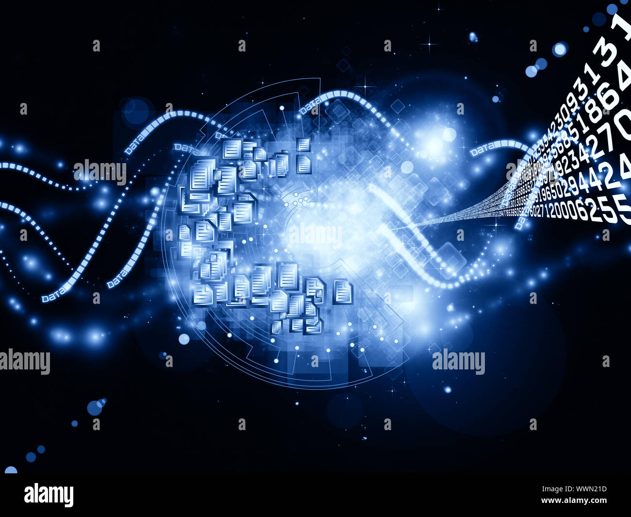 document symbols, lights and abstract technology elements arrangement ...