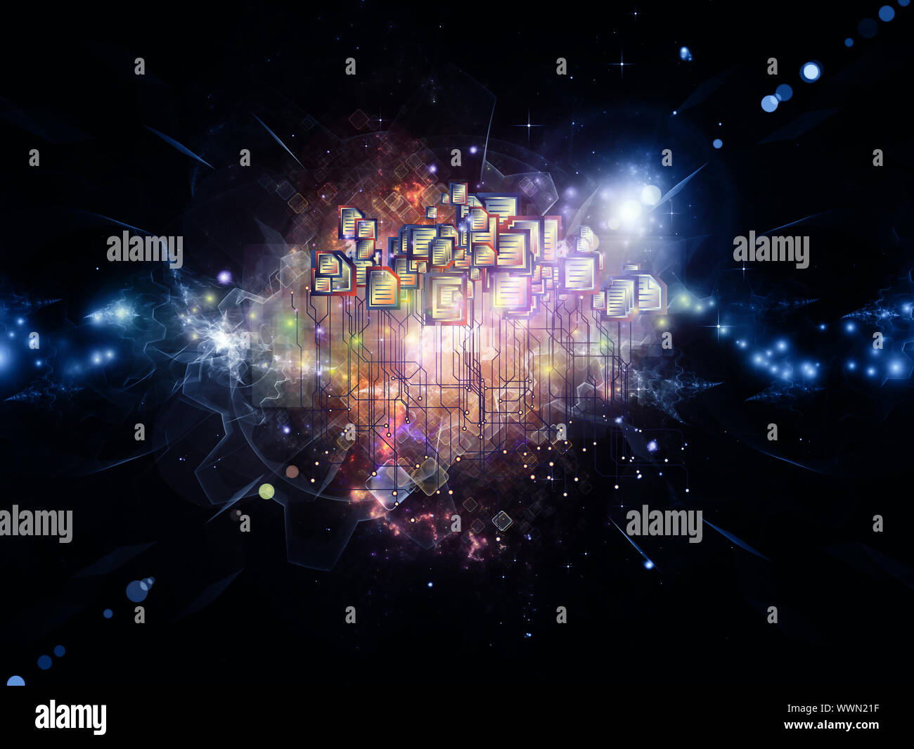 Background design of document symbols, lights and abstract technology ...