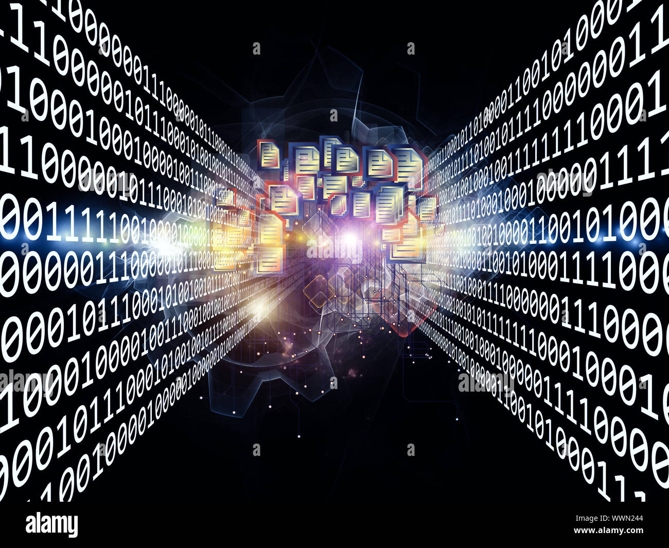 Composition of document symbols, lights and abstract technology ...