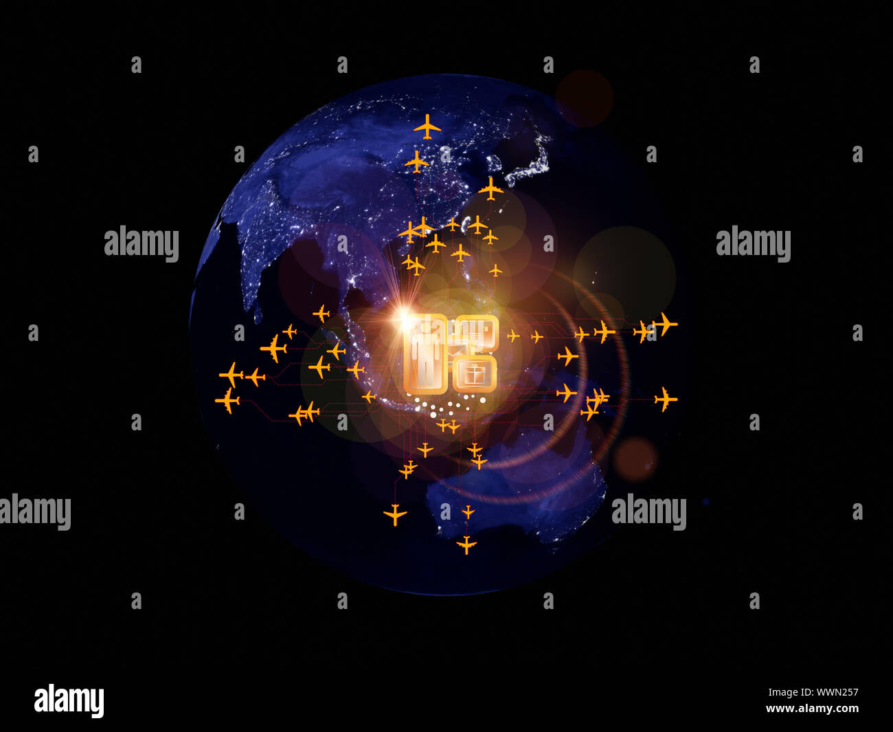 Rendering of city light map (courtesy of NASA), abstract lights and ...
