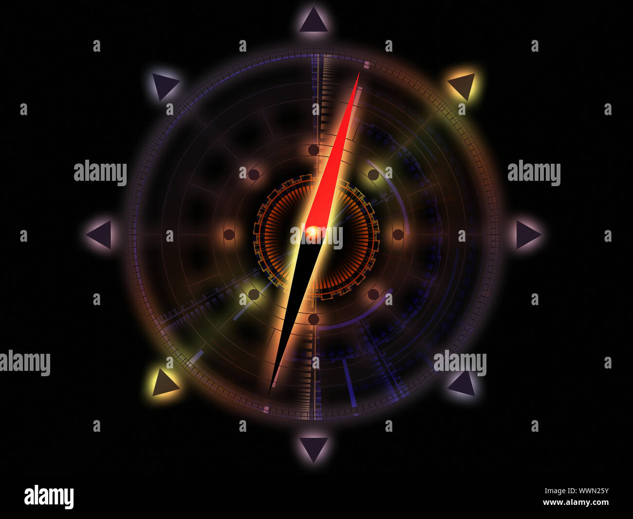 Rendering of abstract compass against dark background on the subject of ...