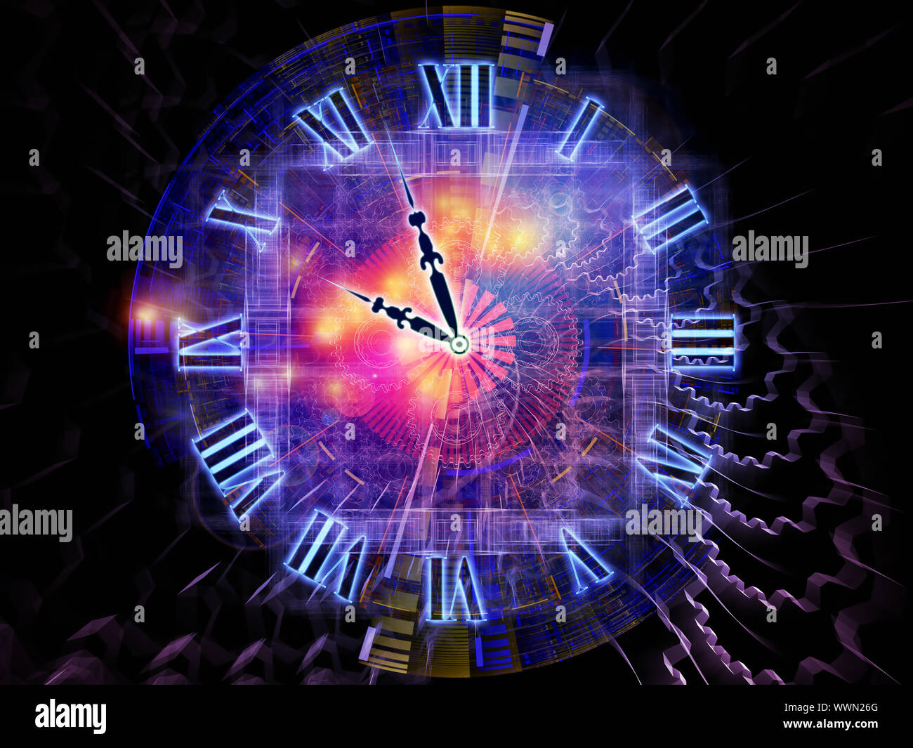 Background design of clock hands, gears, lights and abstract design ...