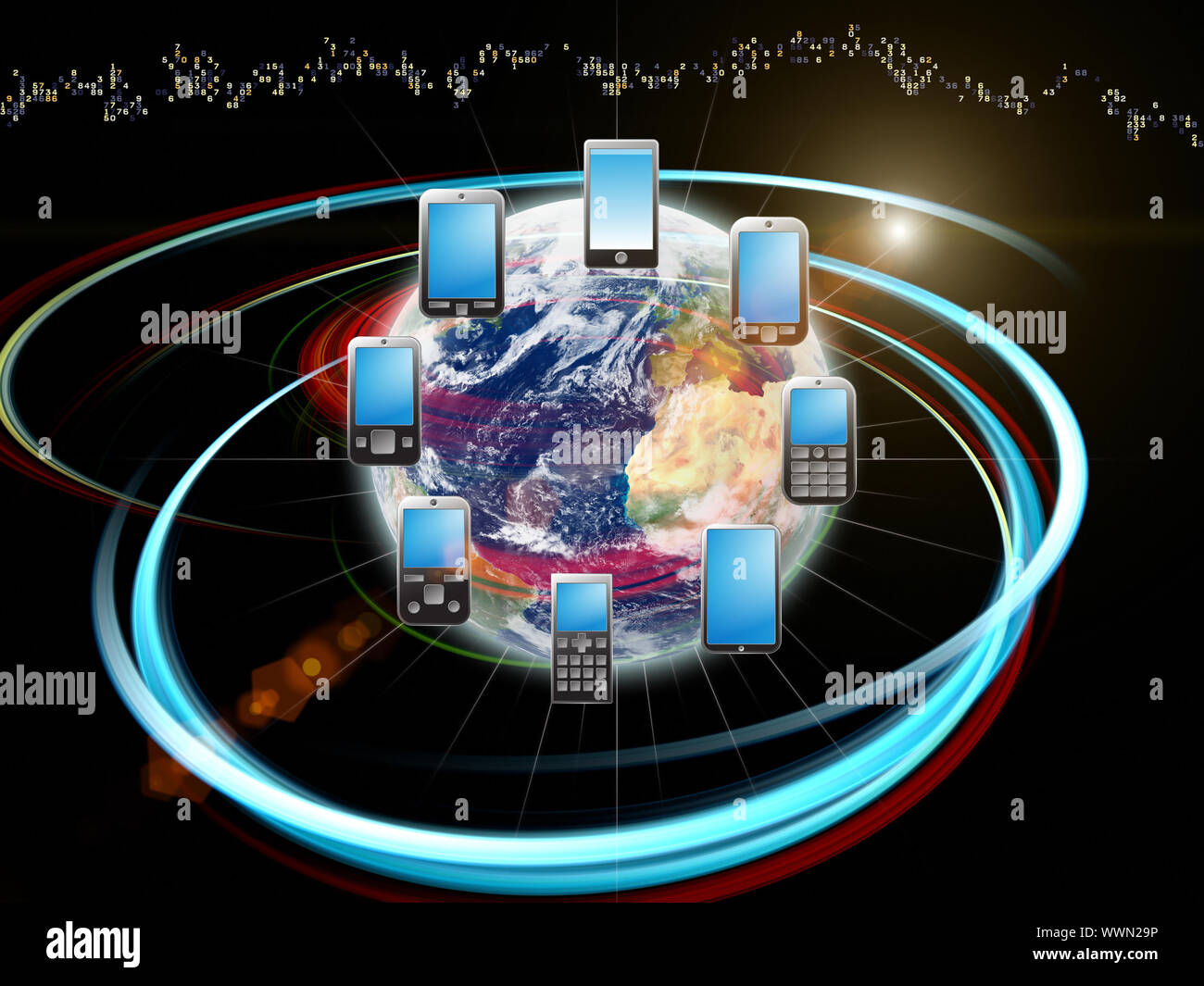 Interplay of cellular phones, Earth globe, numbers, lights and abstract ...