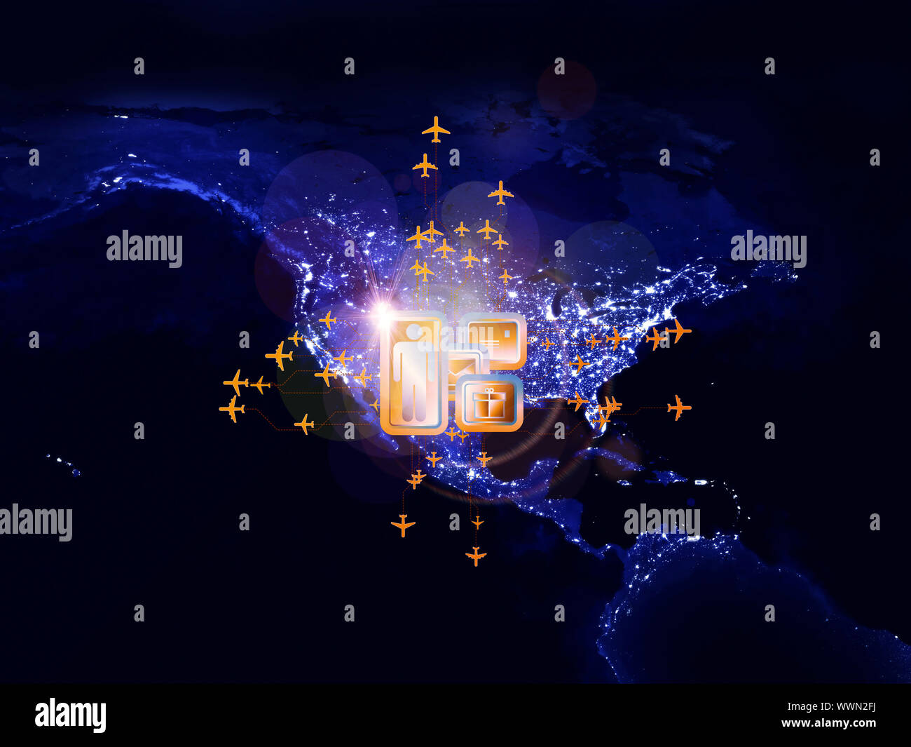 Rendering of city light map (courtesy of NASA), abstract lights and ...