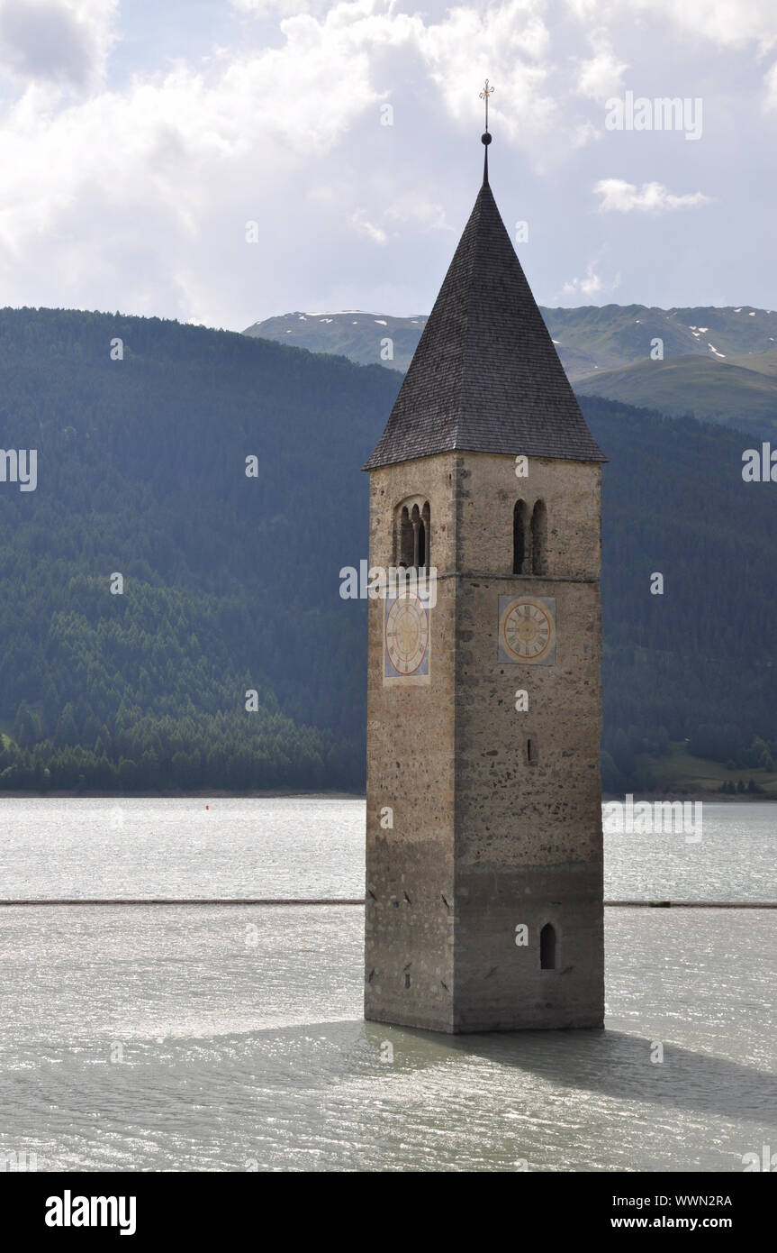 Church tower of Graun in Lake Reschensee Stock Photo - Alamy