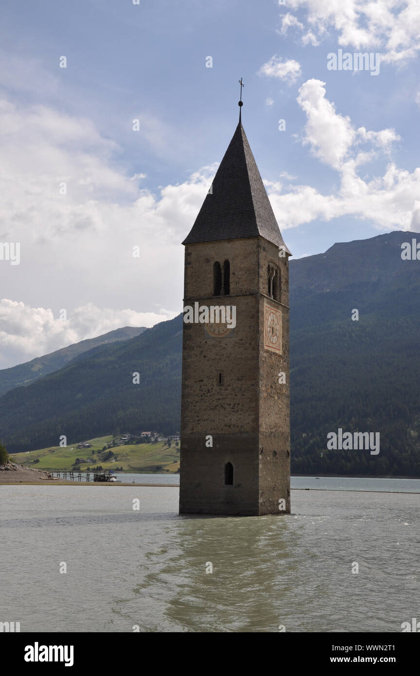 Church tower of Graun in Lake Reschensee Stock Photo - Alamy