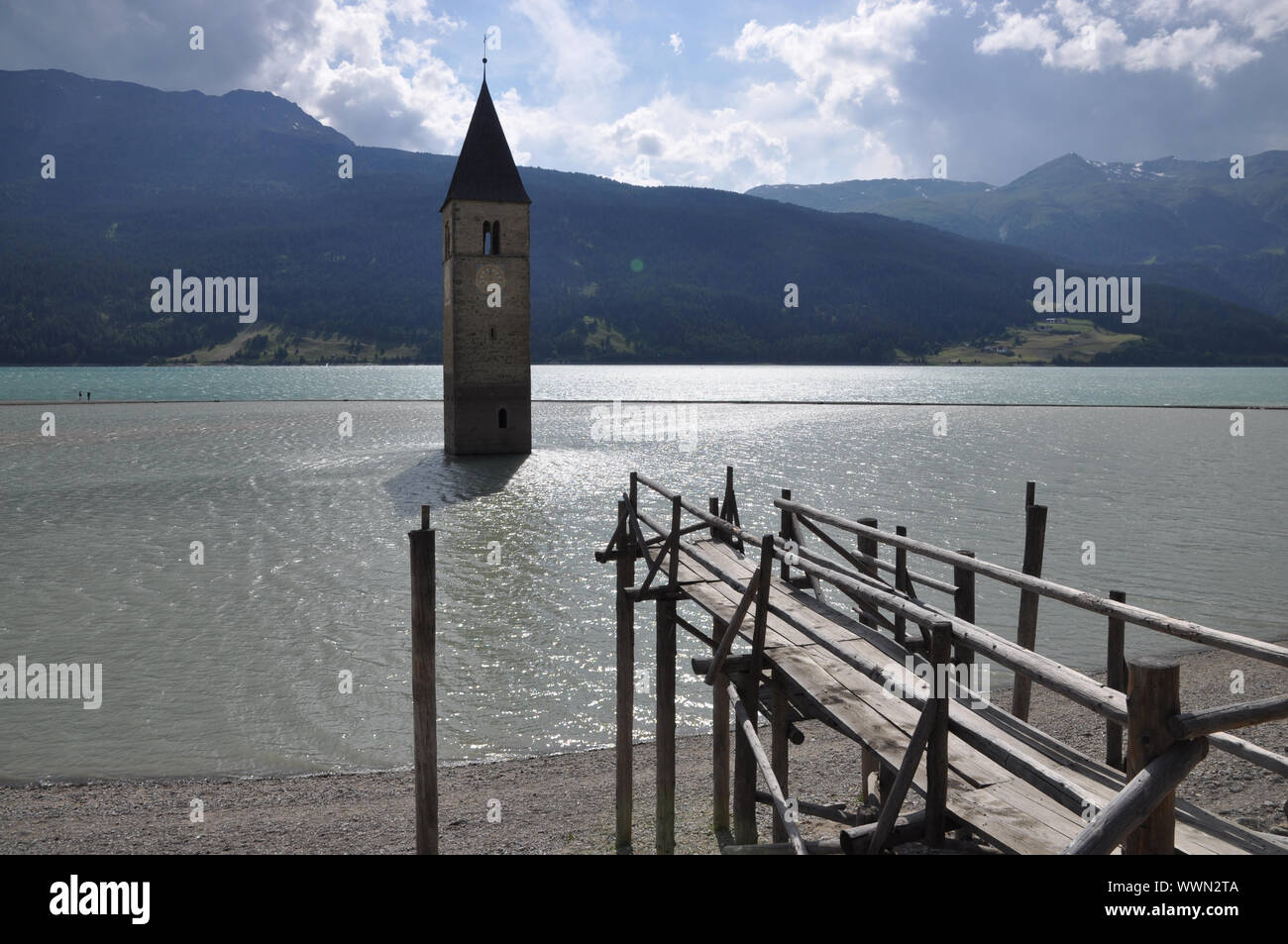 Church tower of Graun in Lake Reschensee Stock Photo - Alamy