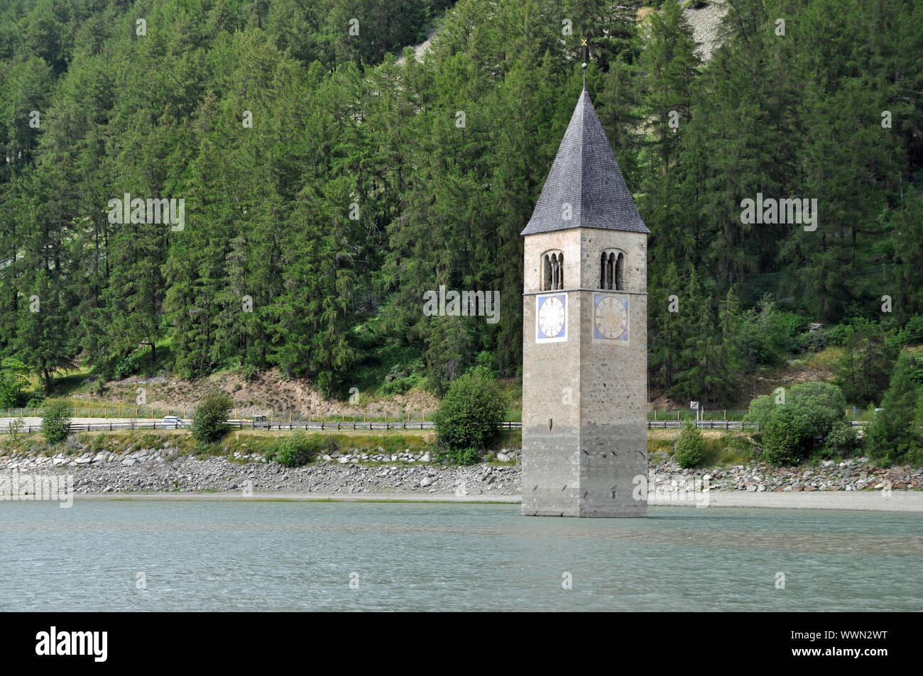 Church tower of Graun in Lake Reschensee Stock Photo - Alamy
