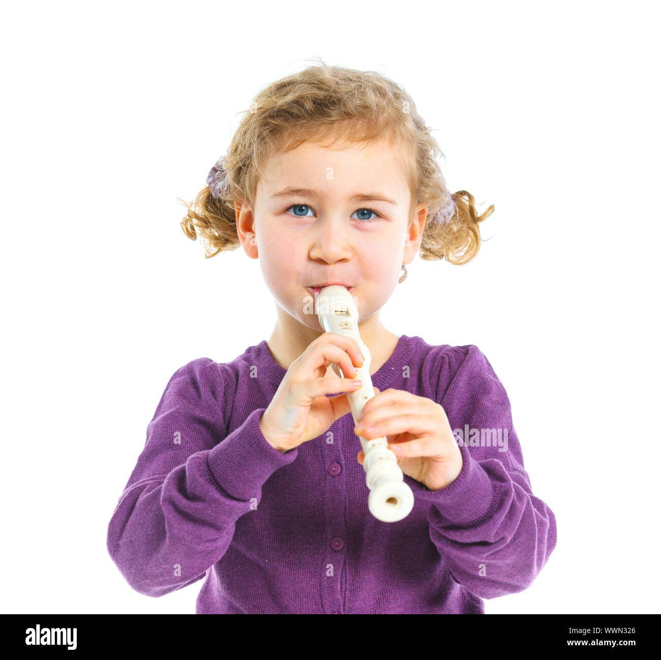 Cute little girl with flute. Isolated on white background Stock Photo ...