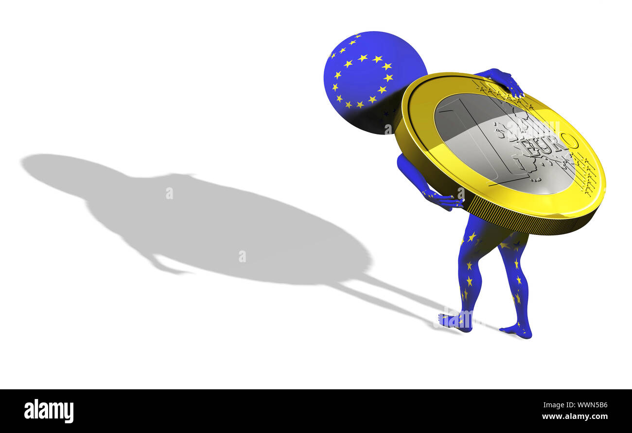 A little 3d guy in UE flag carrying 1 euro coin on his back. Conceptual ...