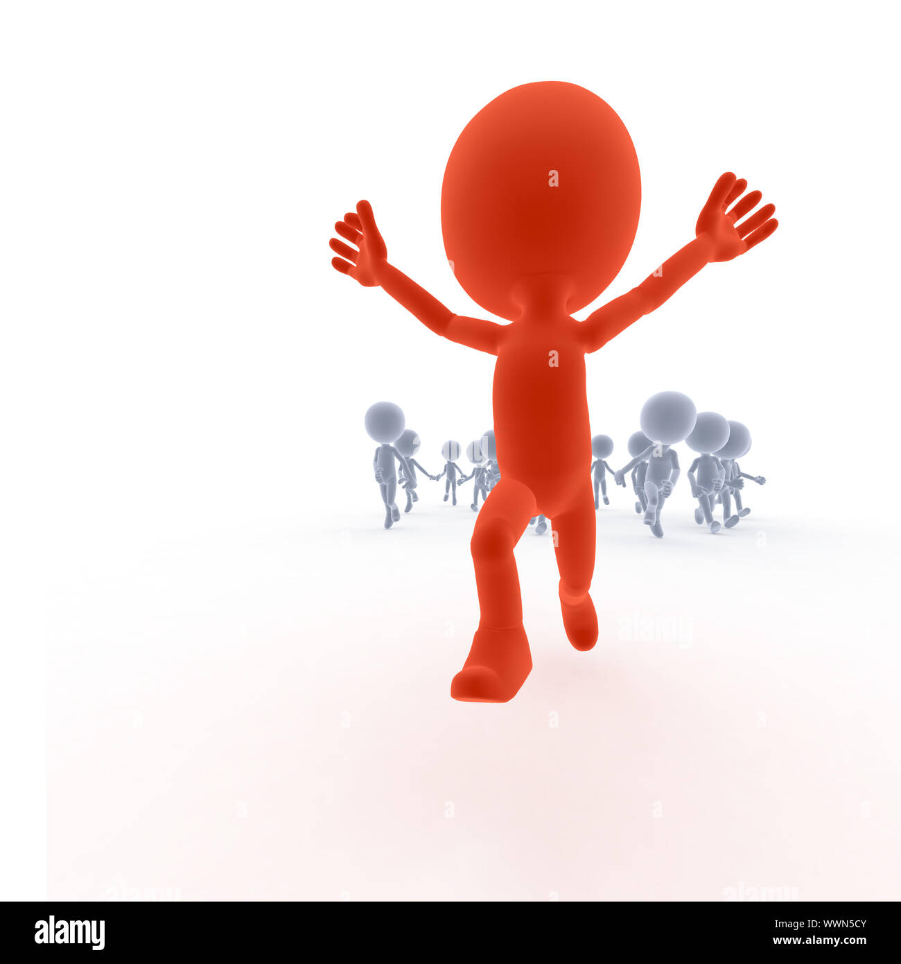 Toon people running in conceptual race, competition. A happy leader ...