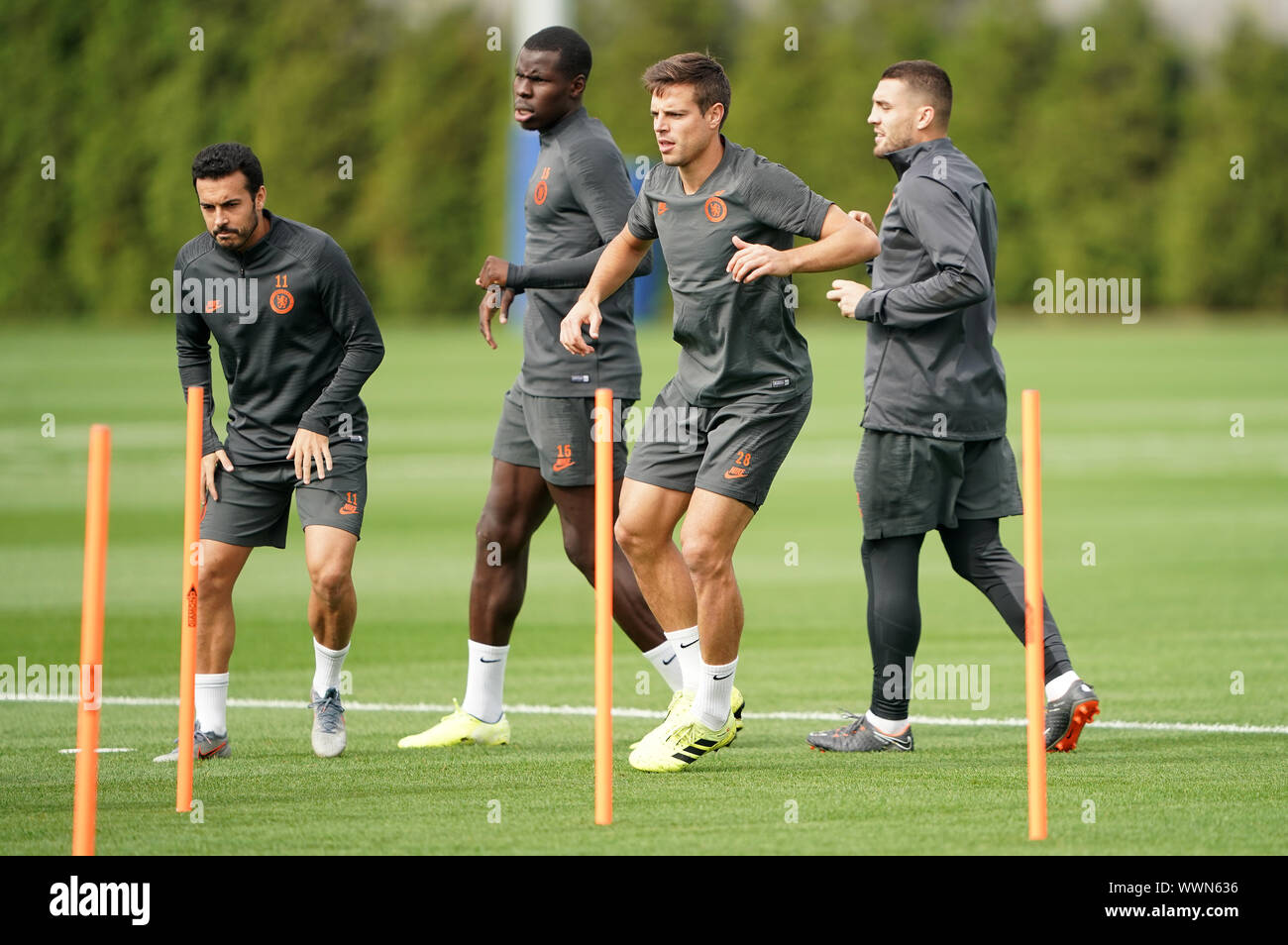 Cesar Azpilicueta and Pedro during a training session at Cobham ...