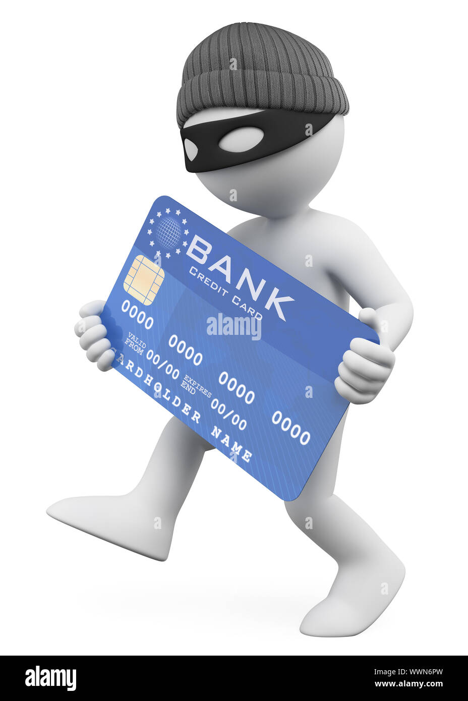 3d white people illustration. Thief stealing a credit card. Isolated ...
