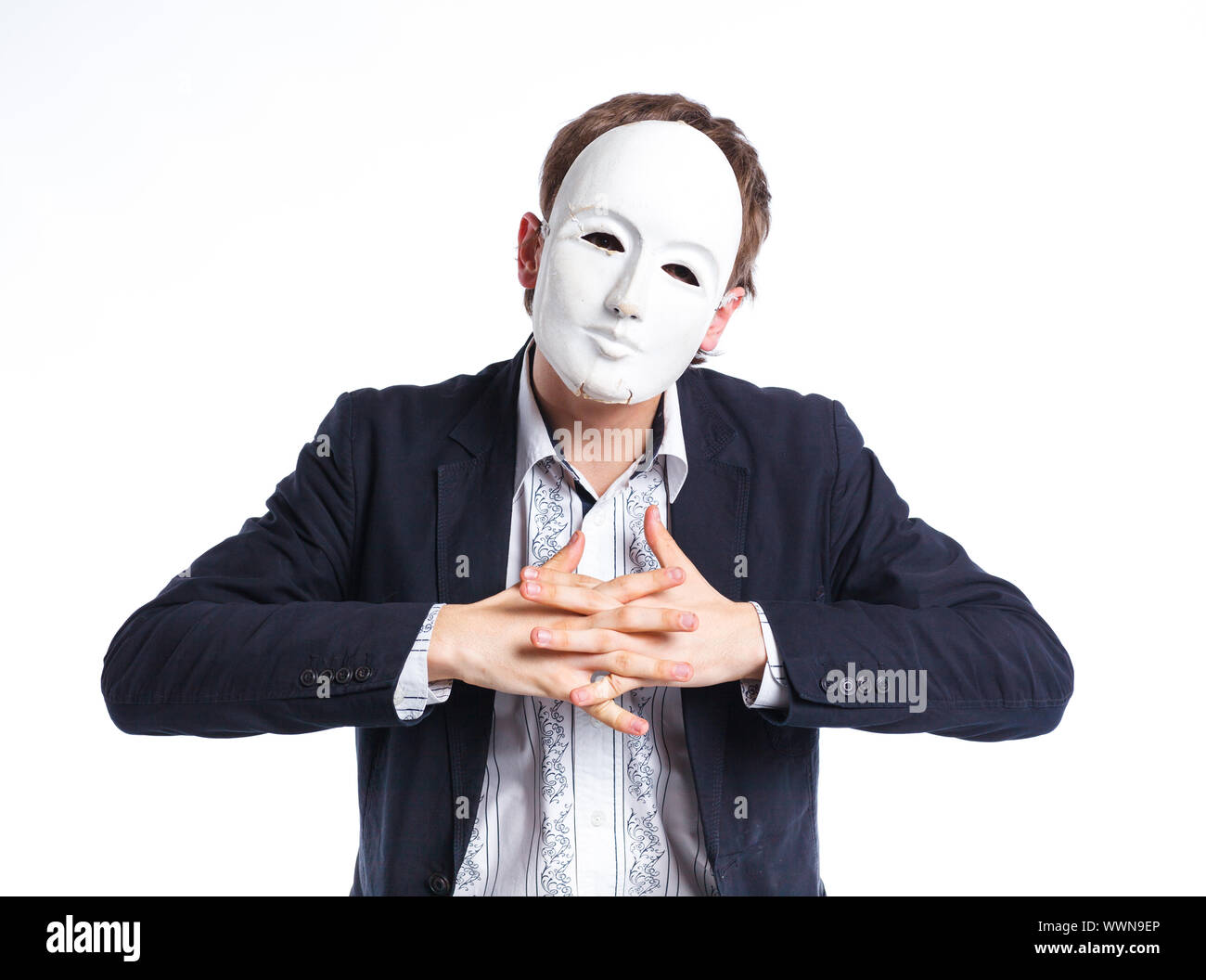 portrait of emotional actor in a mask. isolated on white background ...