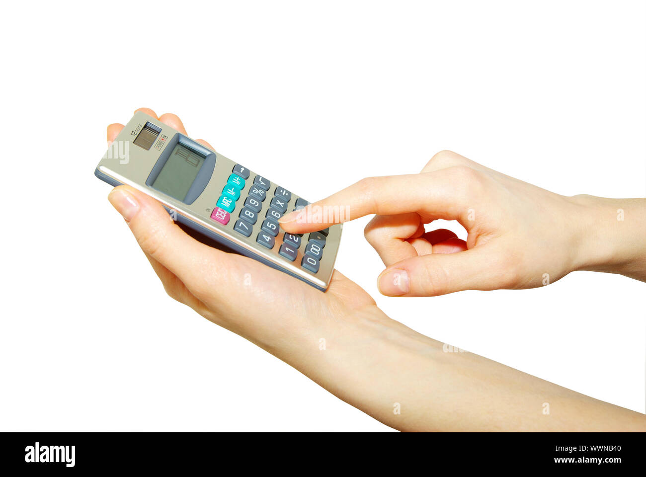 a hand holding calculator isolated on white Stock Photo - Alamy