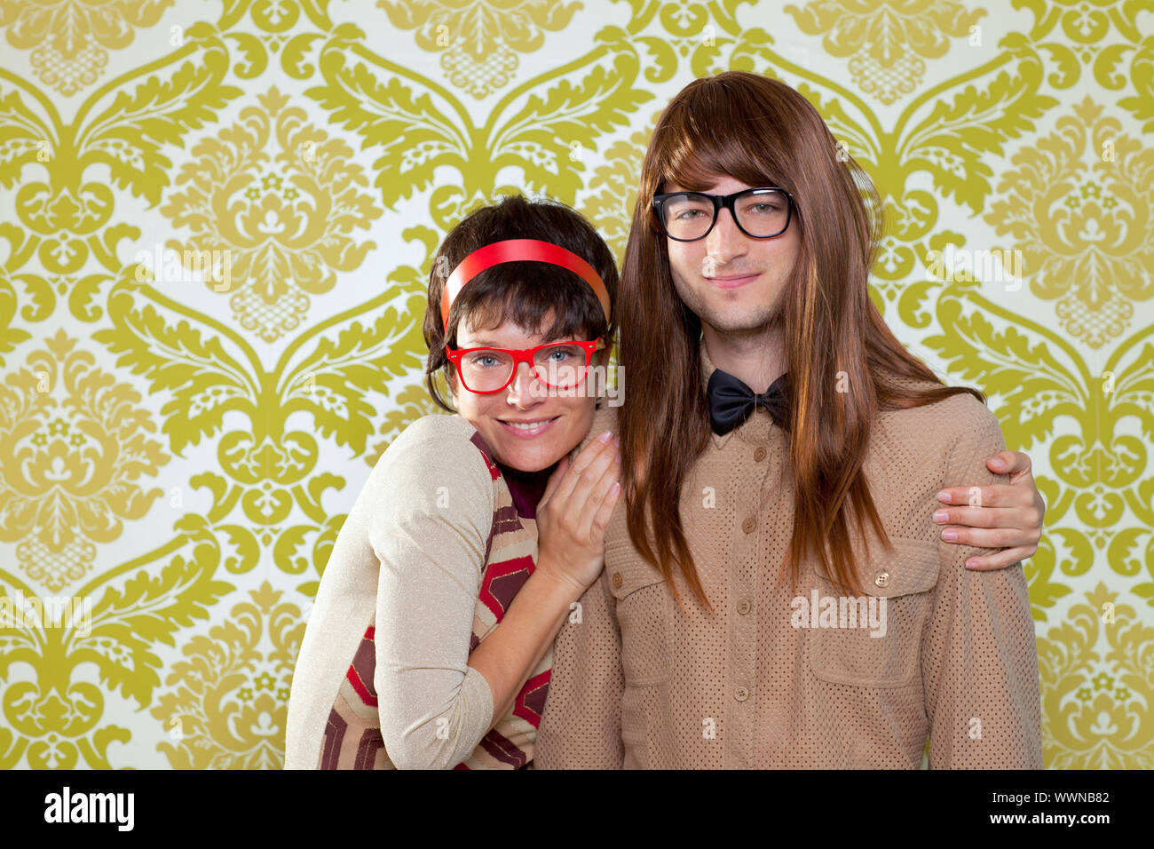 Funny humor silly nerd couple on retro vintage wallpaper background ...