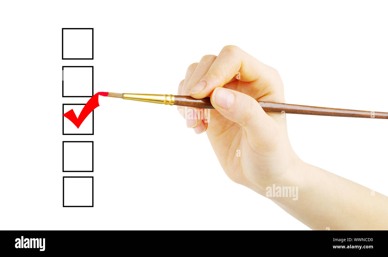 Hand with brush and check boxes isolated on white Stock Photo - Alamy