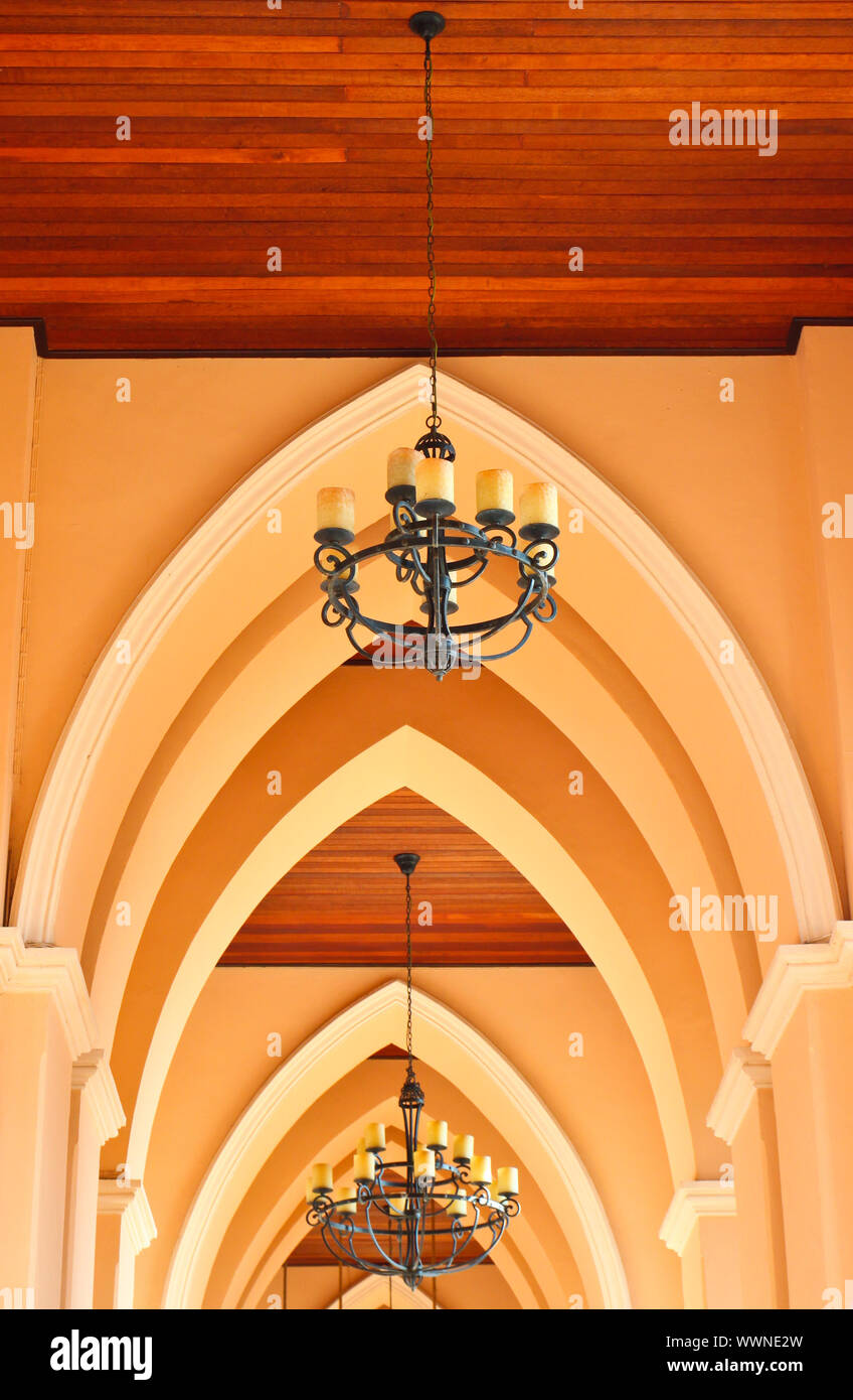 arched ceiling of church with chandelier Stock Photo - Alamy
