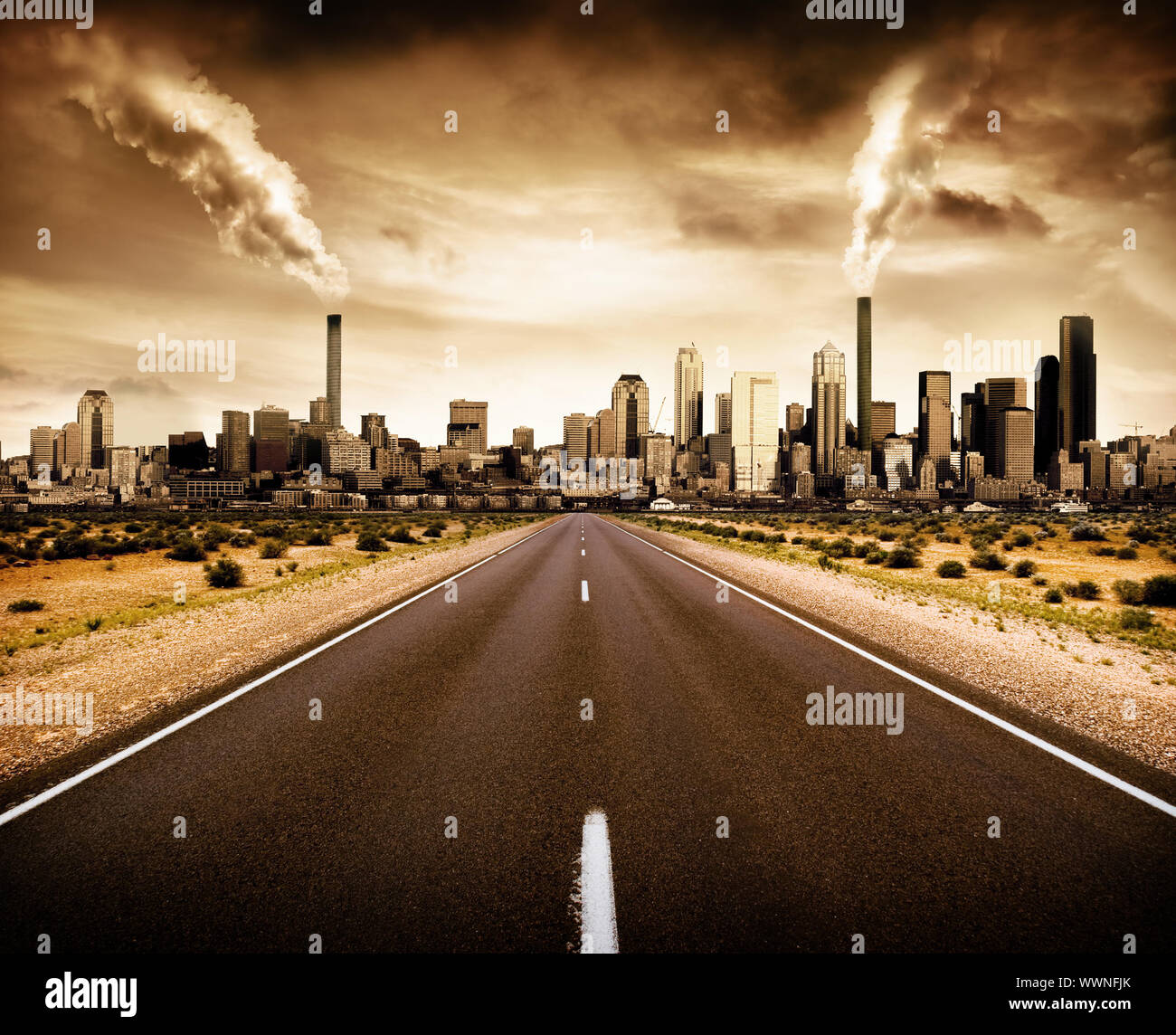 Road leading to a polluted city Stock Photo - Alamy