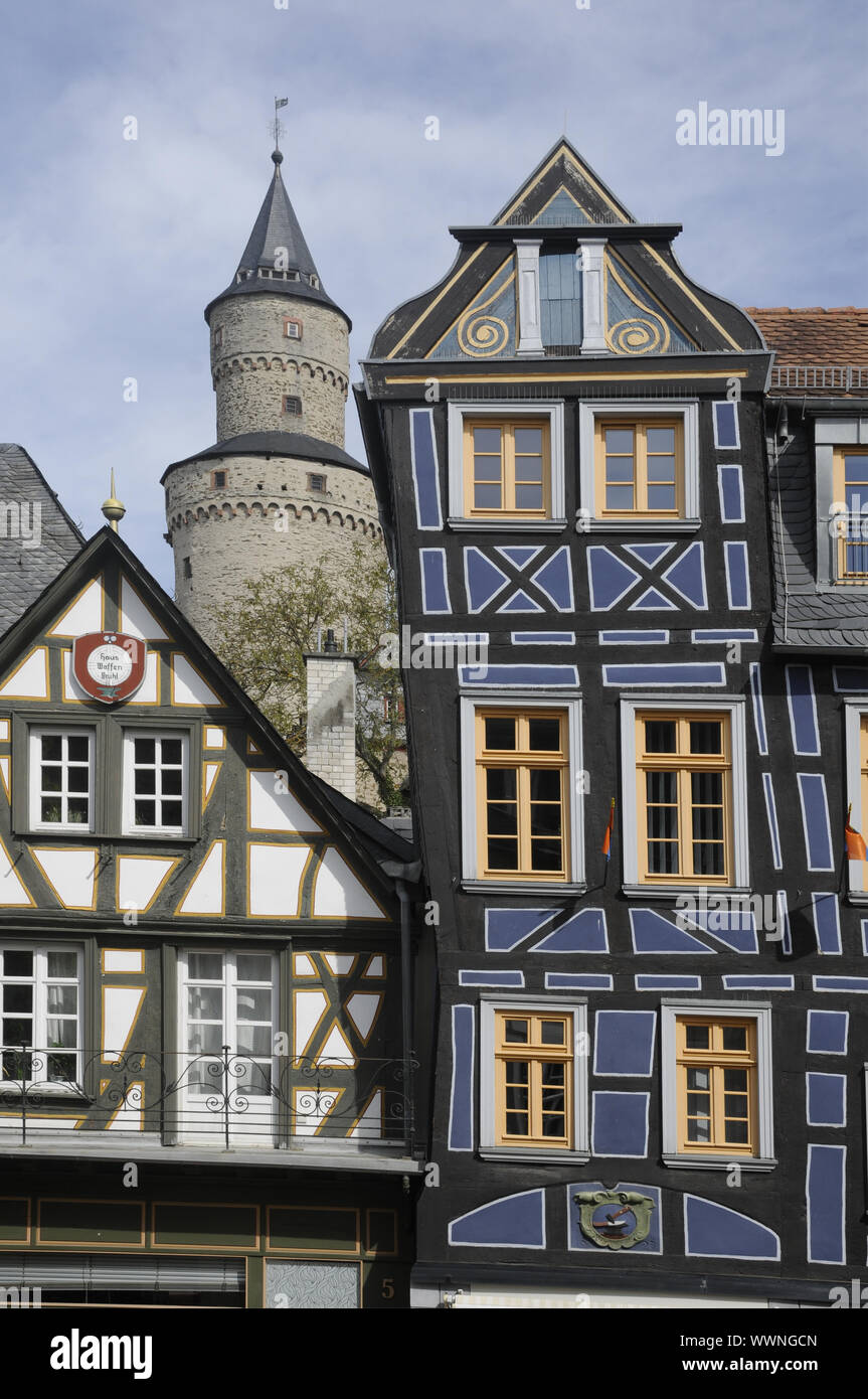Leaning house and witch's tower in Idstein Stock Photo - Alamy
