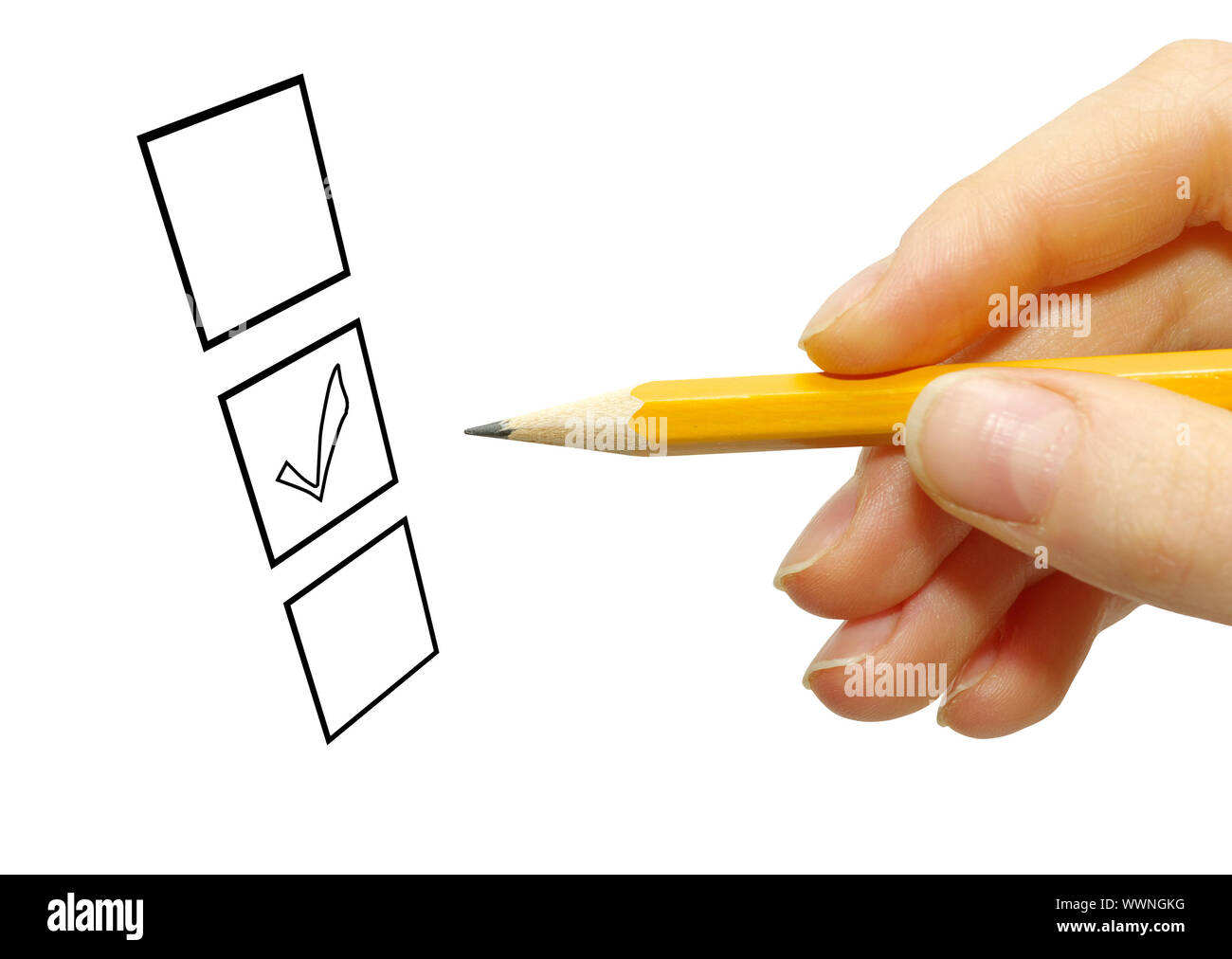 Hand with pencil and check boxes isolated on white Stock Photo - Alamy