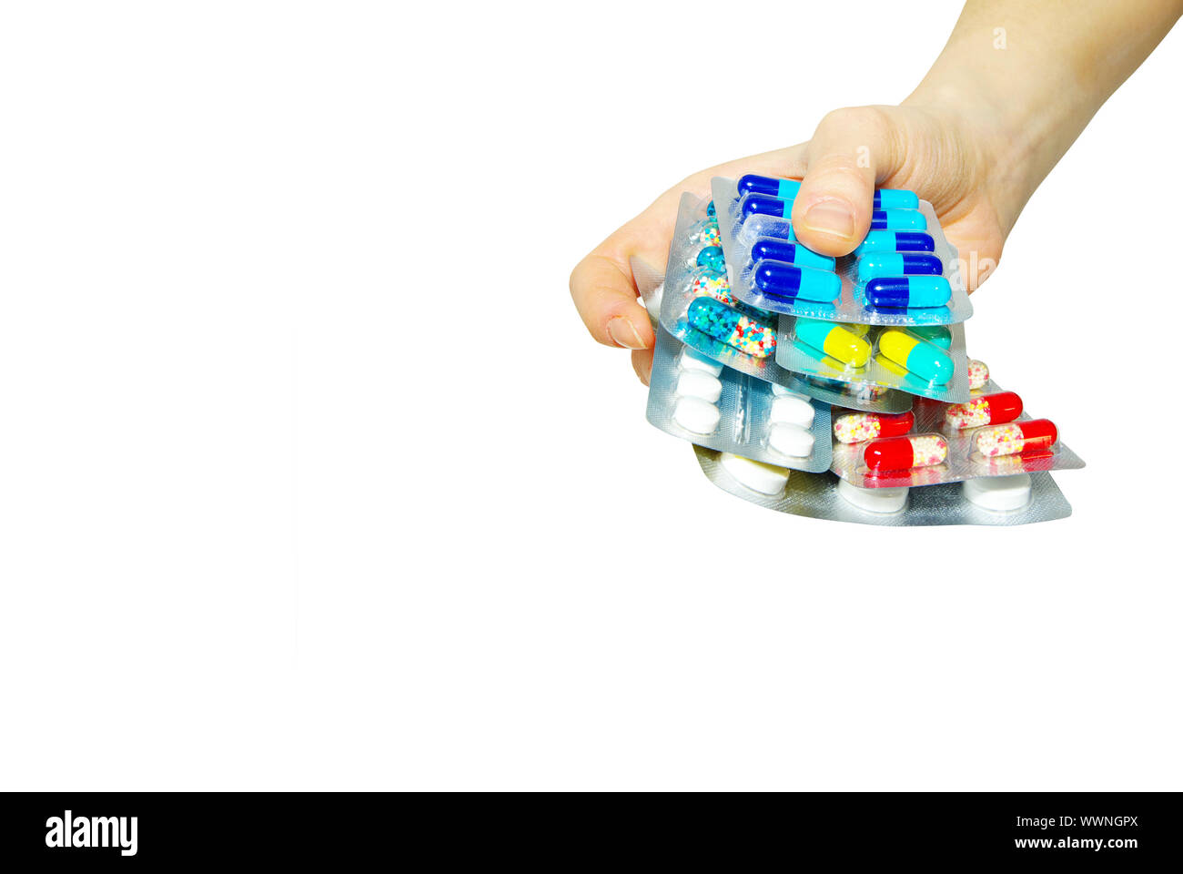 pills capsules of antibiotic in hand isolated on white Stock Photo - Alamy