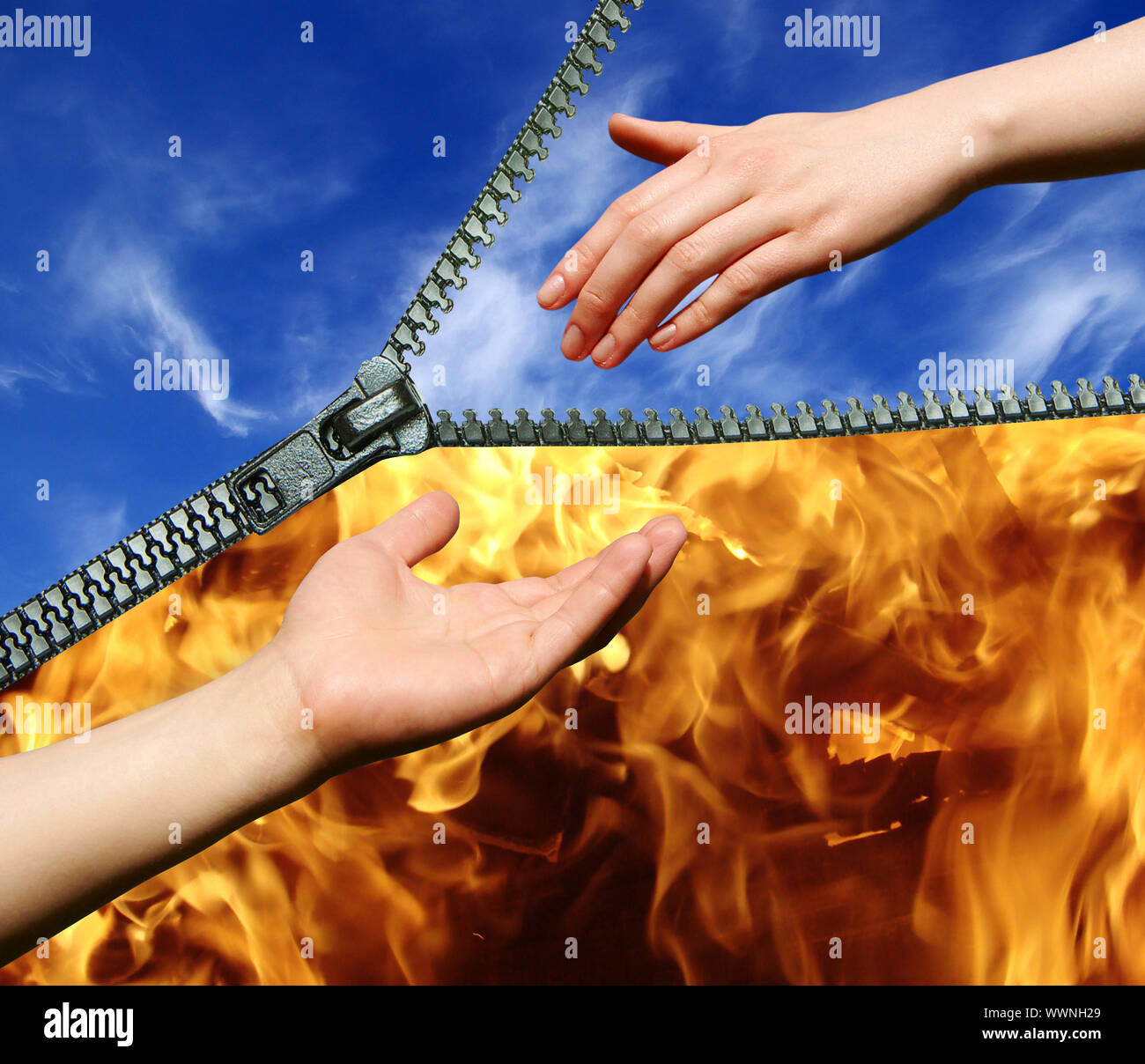 helping hand with the fire and sky background Stock Photo - Alamy