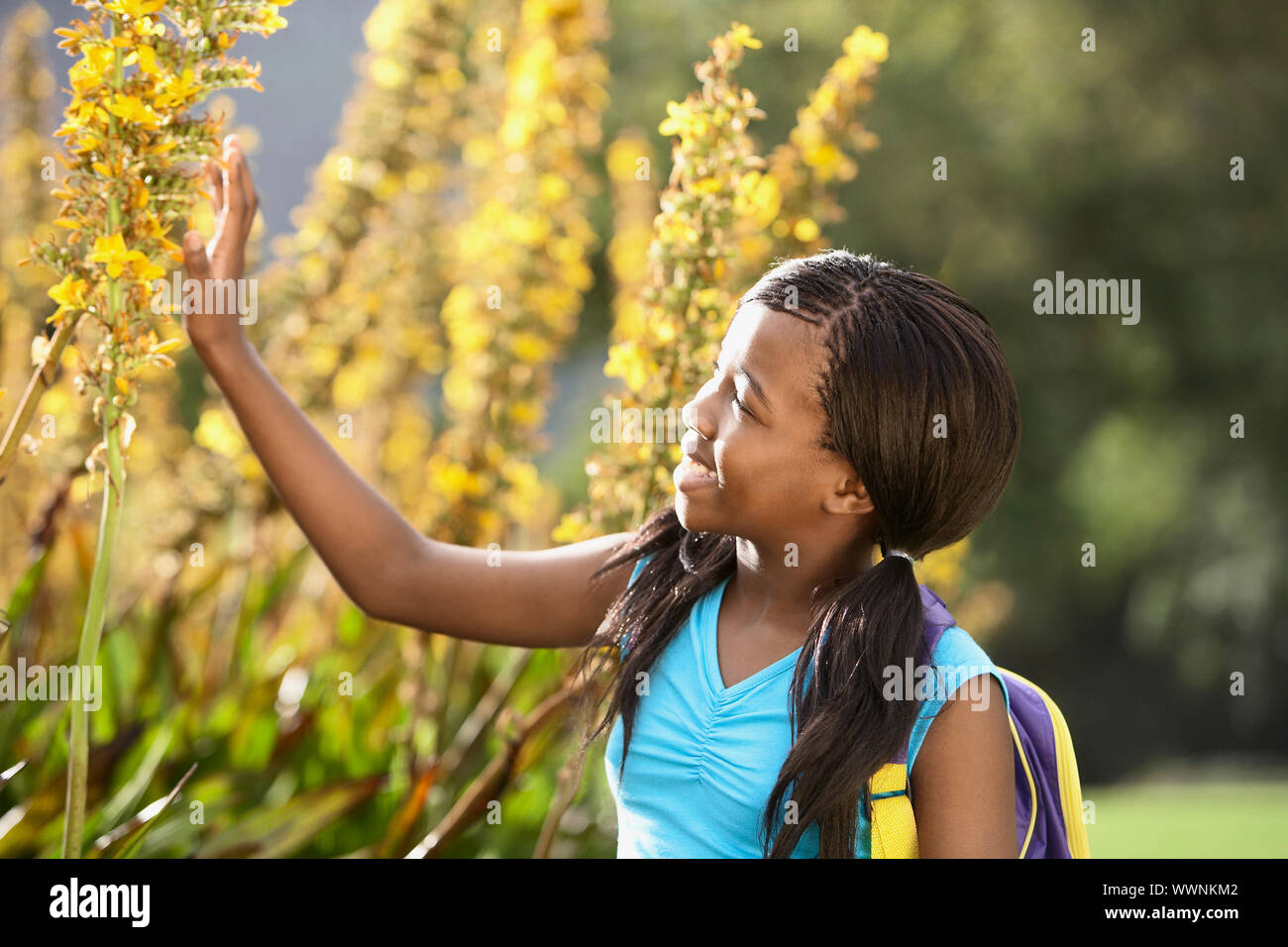 Girl Looking at Flowers Stock Photo - Alamy
