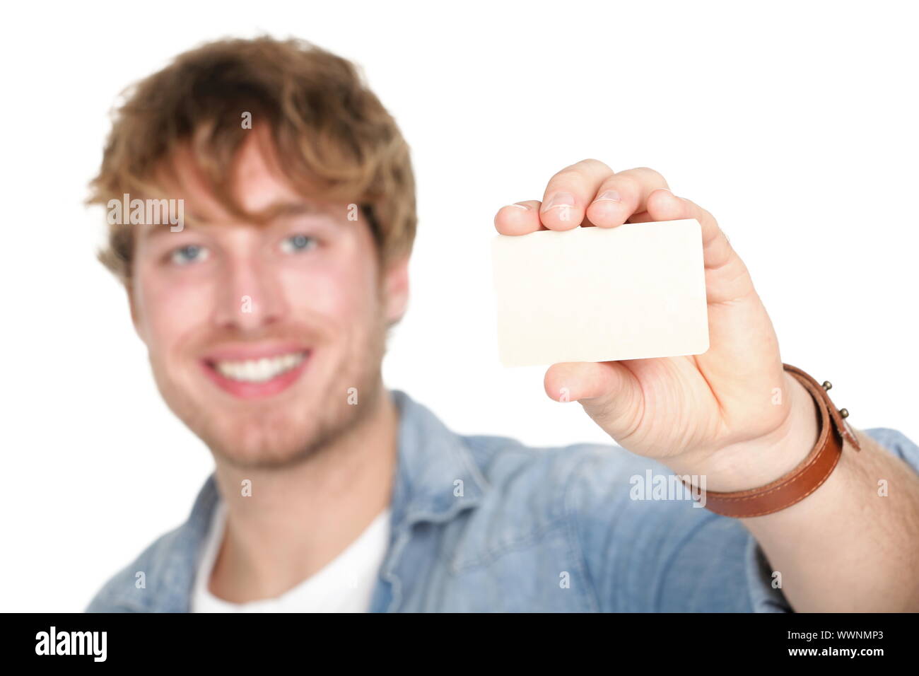 Business card man. Casual young man showing blank empty card sign ...