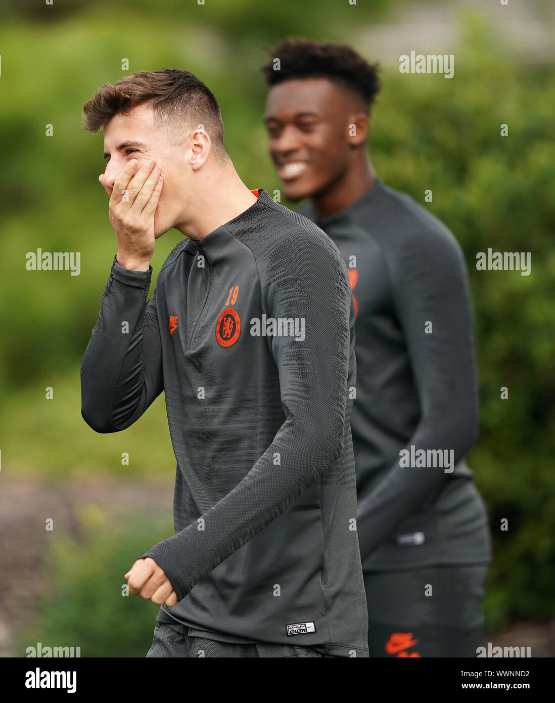 Mason Mount during a training session at Cobham Training Ground, London ...