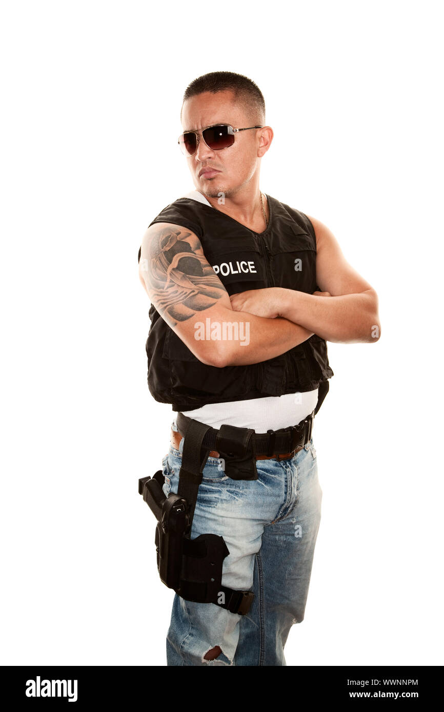 Tough Hispanic Cop with Pistol in Bulletproof Vest Stock Photo - Alamy