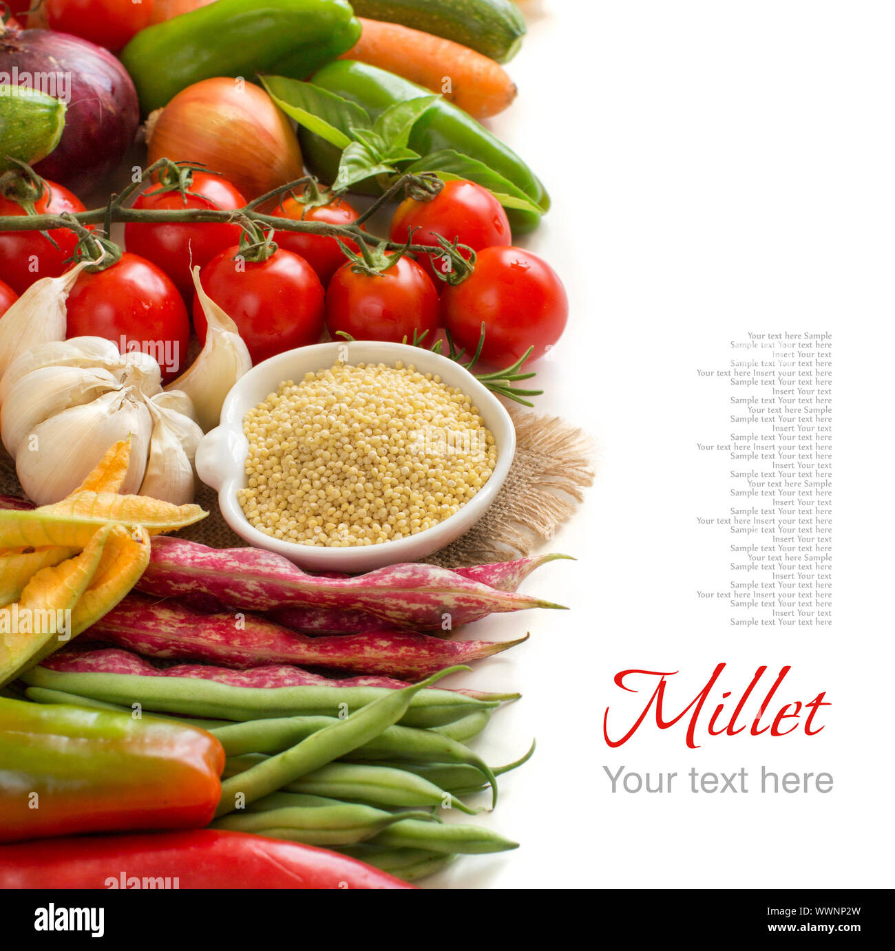 Raw millet in bowl and vegetables isolated on white Stock Photo - Alamy