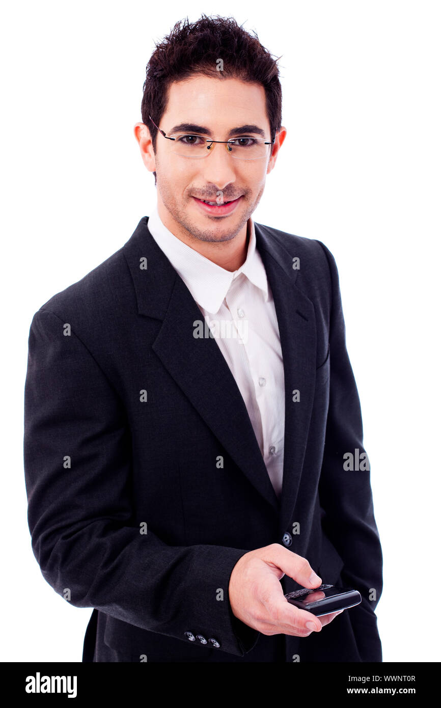 Business man holding a mobile phone on a white isolated background ...