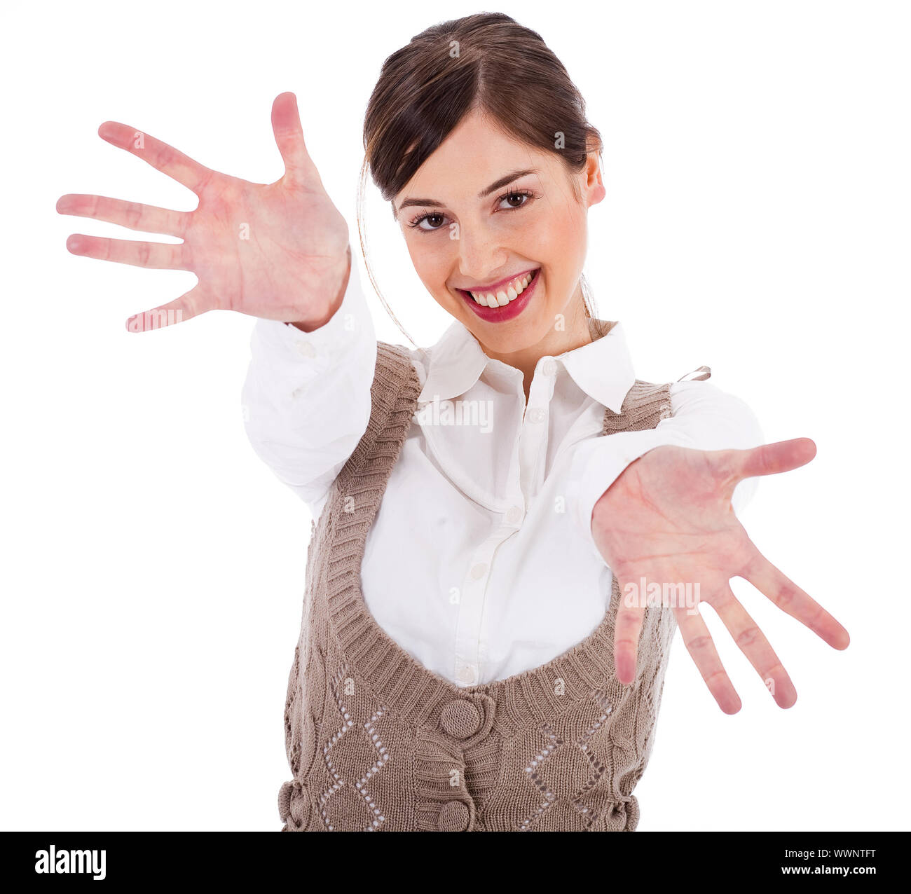 Portrait of women showing her hands wide open on a white background ...