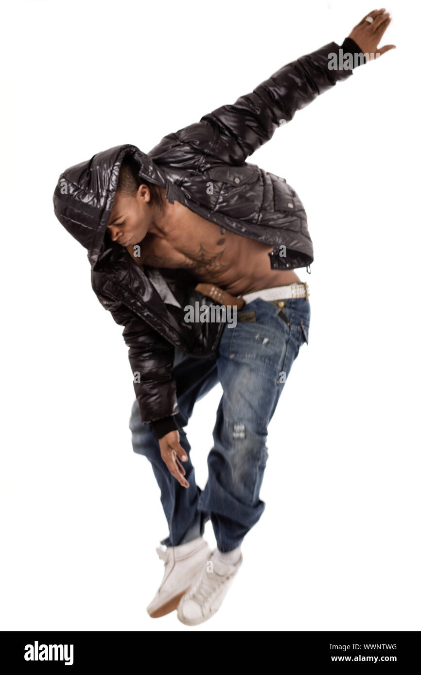 Stylish dance performance by black man on white background Stock Photo ...