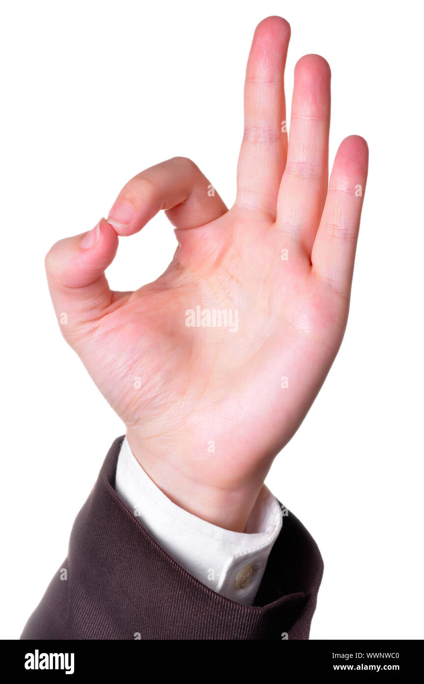 Hand in a suit making the OK sign isolated in white background Stock ...