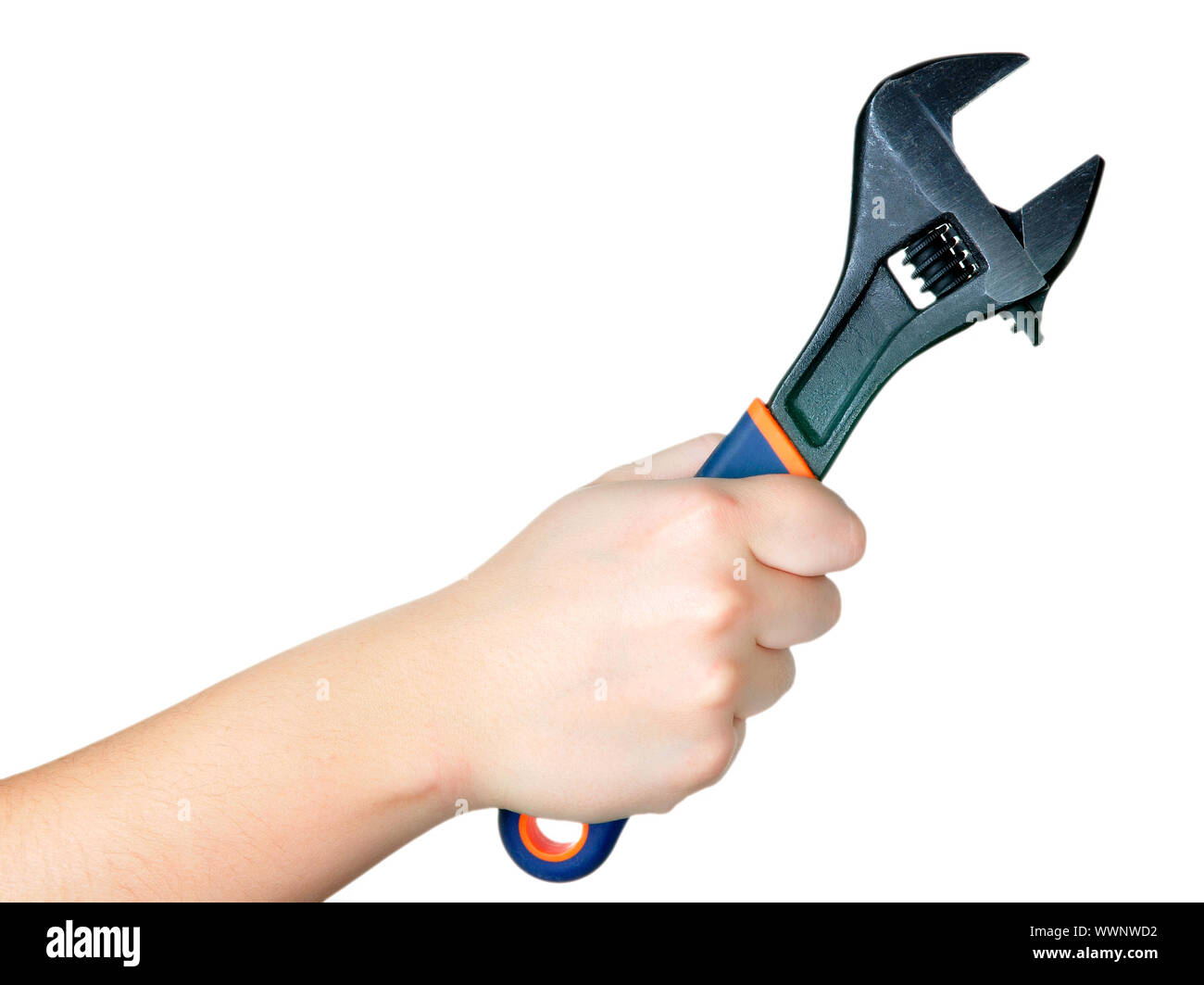 Hand holding a british wrench on a white background Stock Photo - Alamy