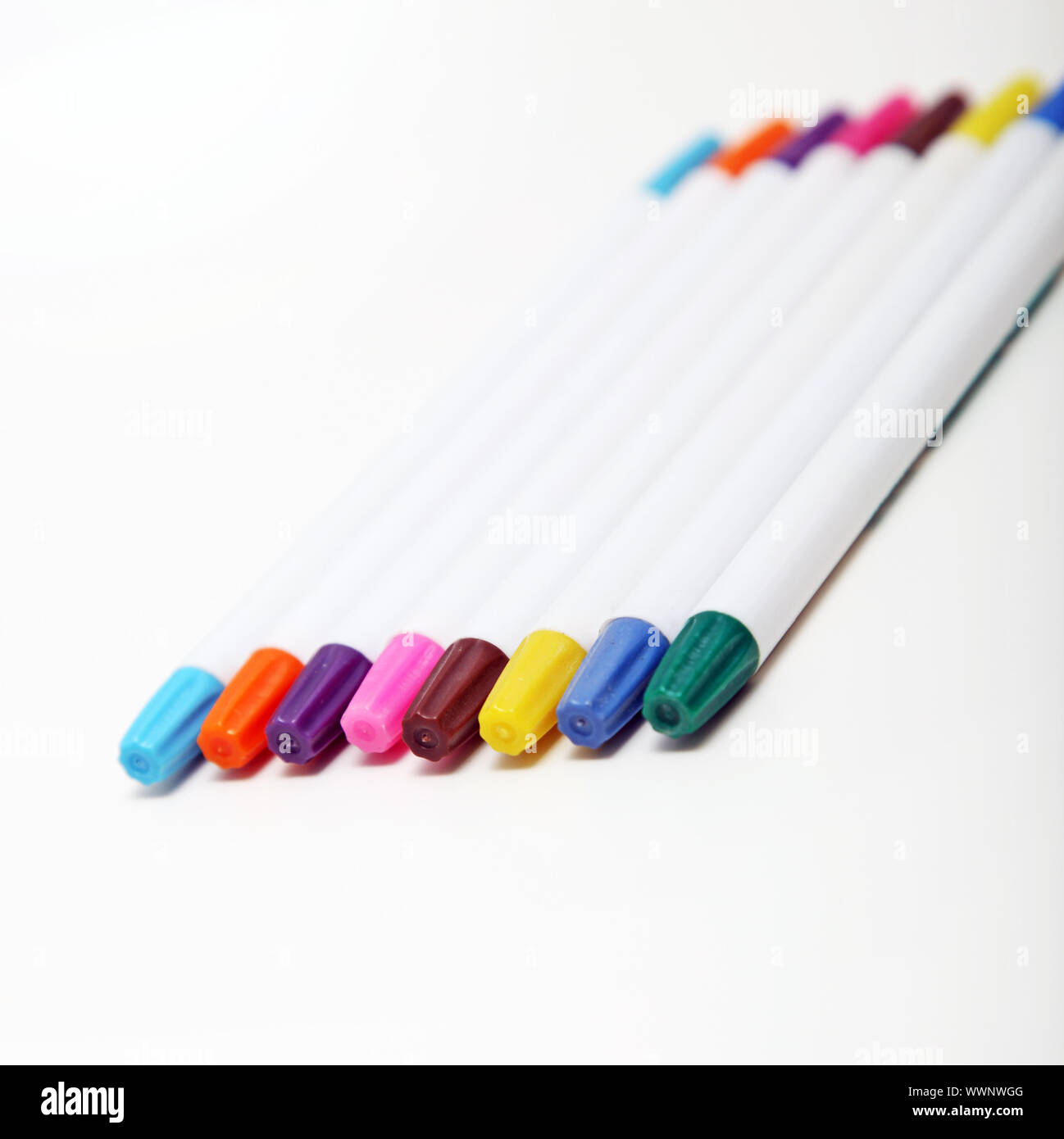Set of colourful felt tip pens in the colours of the rainbow for use in ...