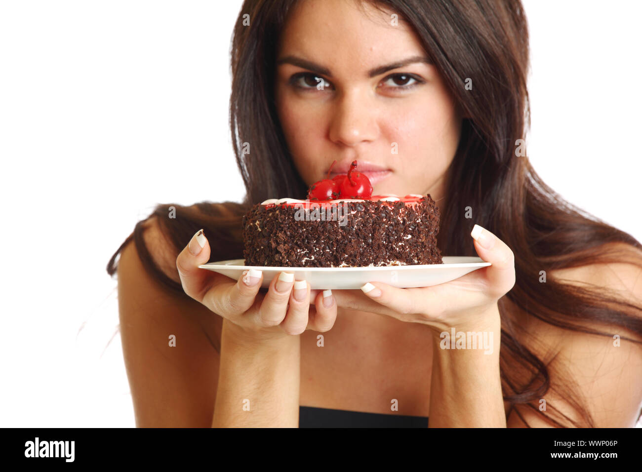 woman hold cake in hands isolated on white Stock Photo - Alamy