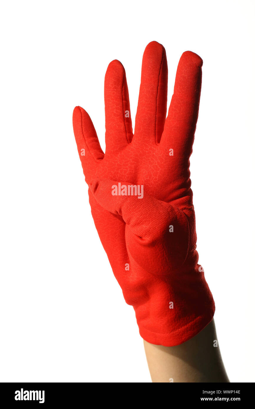 girl hand in red show sign four Stock Photo - Alamy