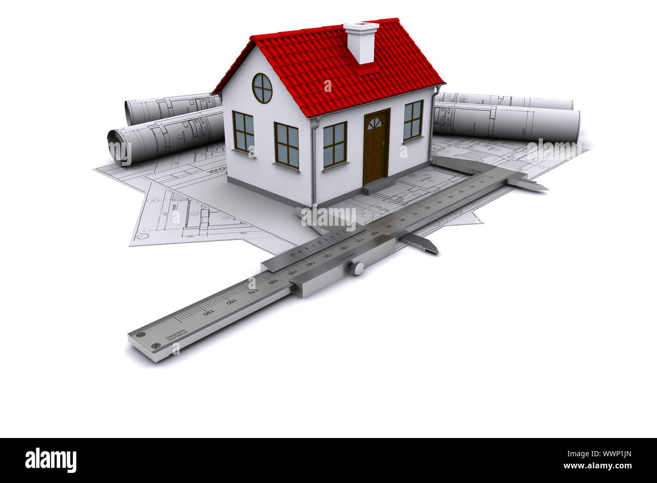 Composition of construction drawings, models at home with red roof and ...